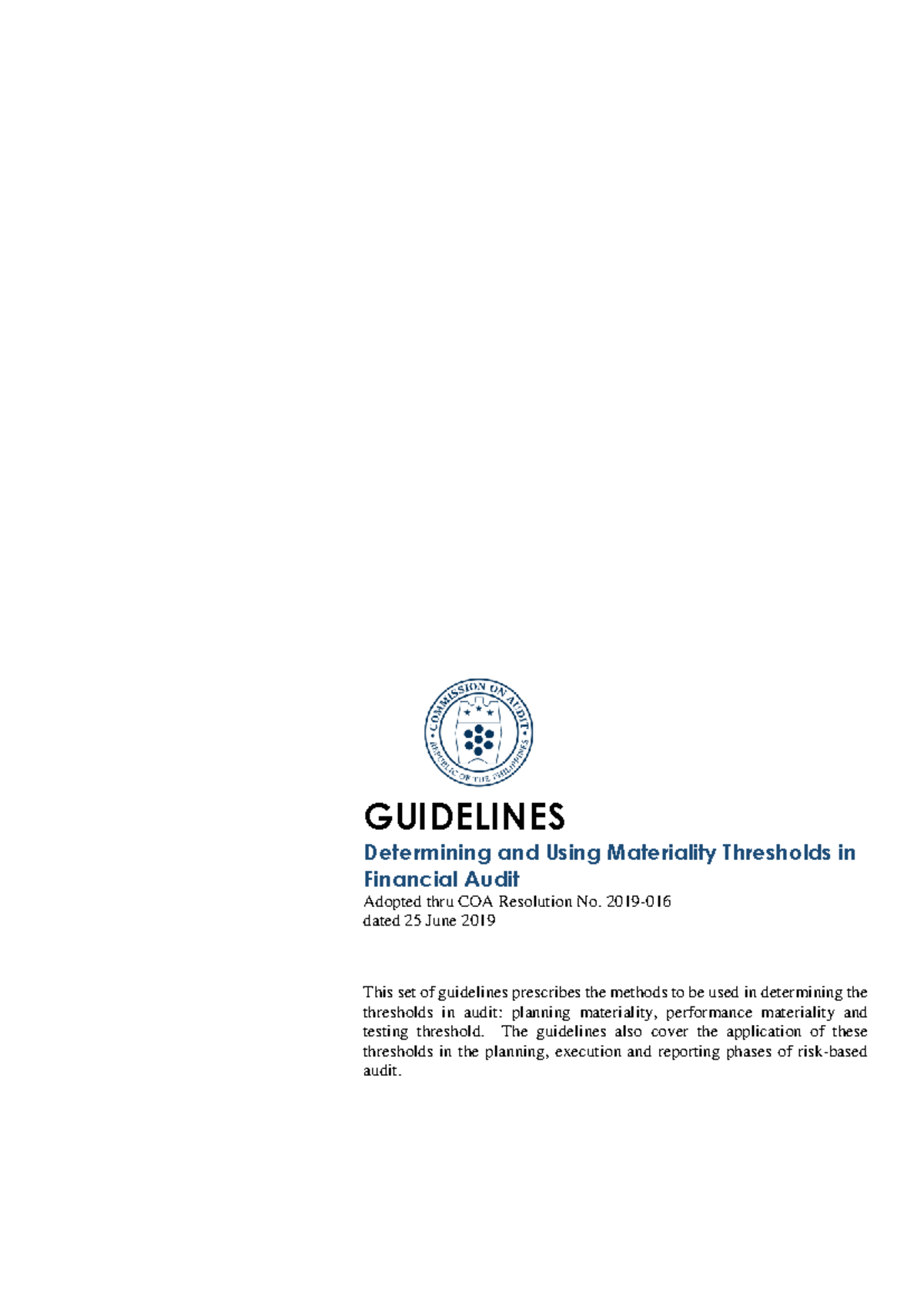 05 COA R2019-016 Guidelines on Materiality Thresholds in Financial Audit - Studocu