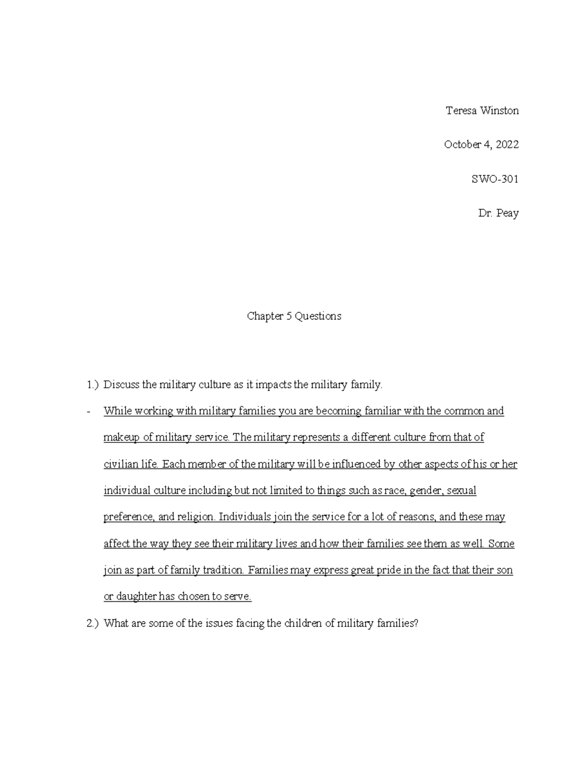 Chapter 5 Questions - Teresa Winston October 4, 2022 SWO- Dr. Peay ...