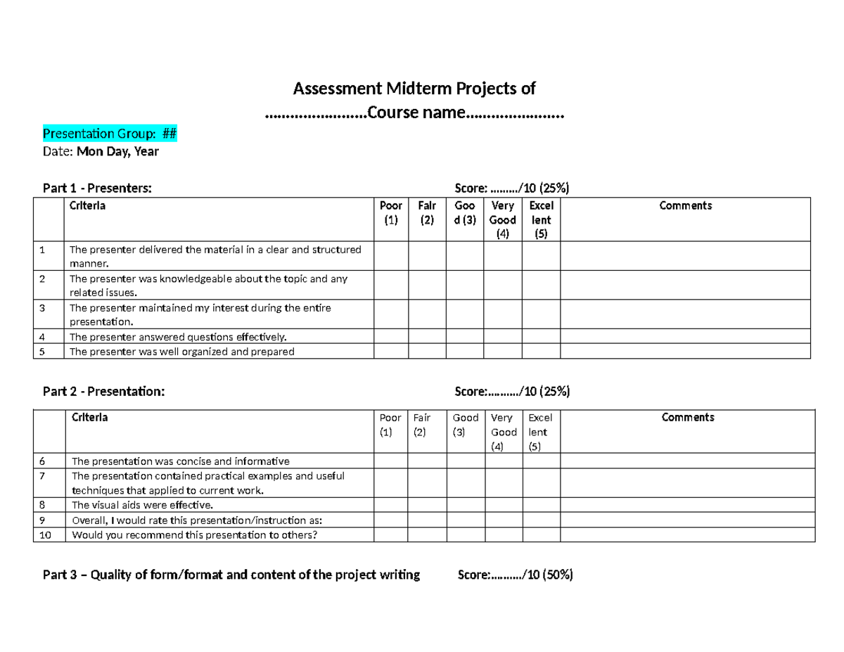 Midterm Project Evaluation Rubric: Presentation Criteria - Studocu