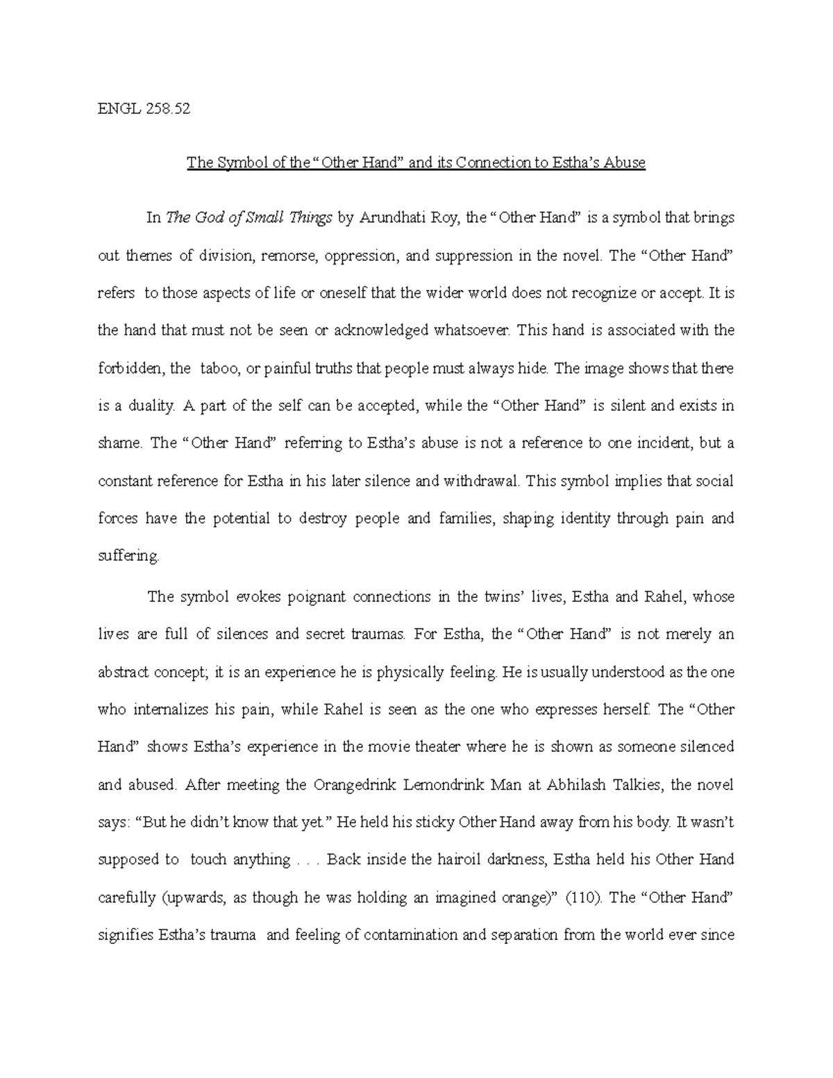 ENGL 258.52 The Other Hand: Symbolism of Abuse in The God of Small ...