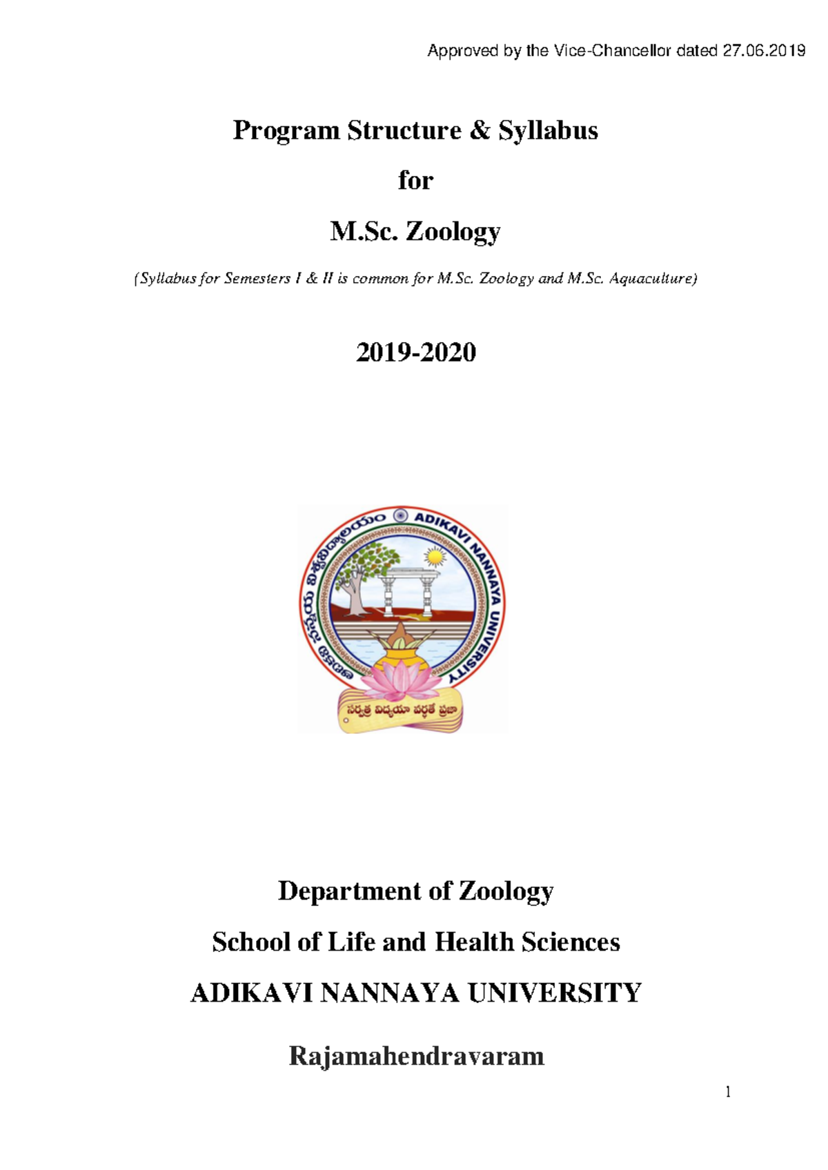 M.Sc. Zoology Syllabus Overview (2019-2020) - Adikavi Nannaya Univ ...