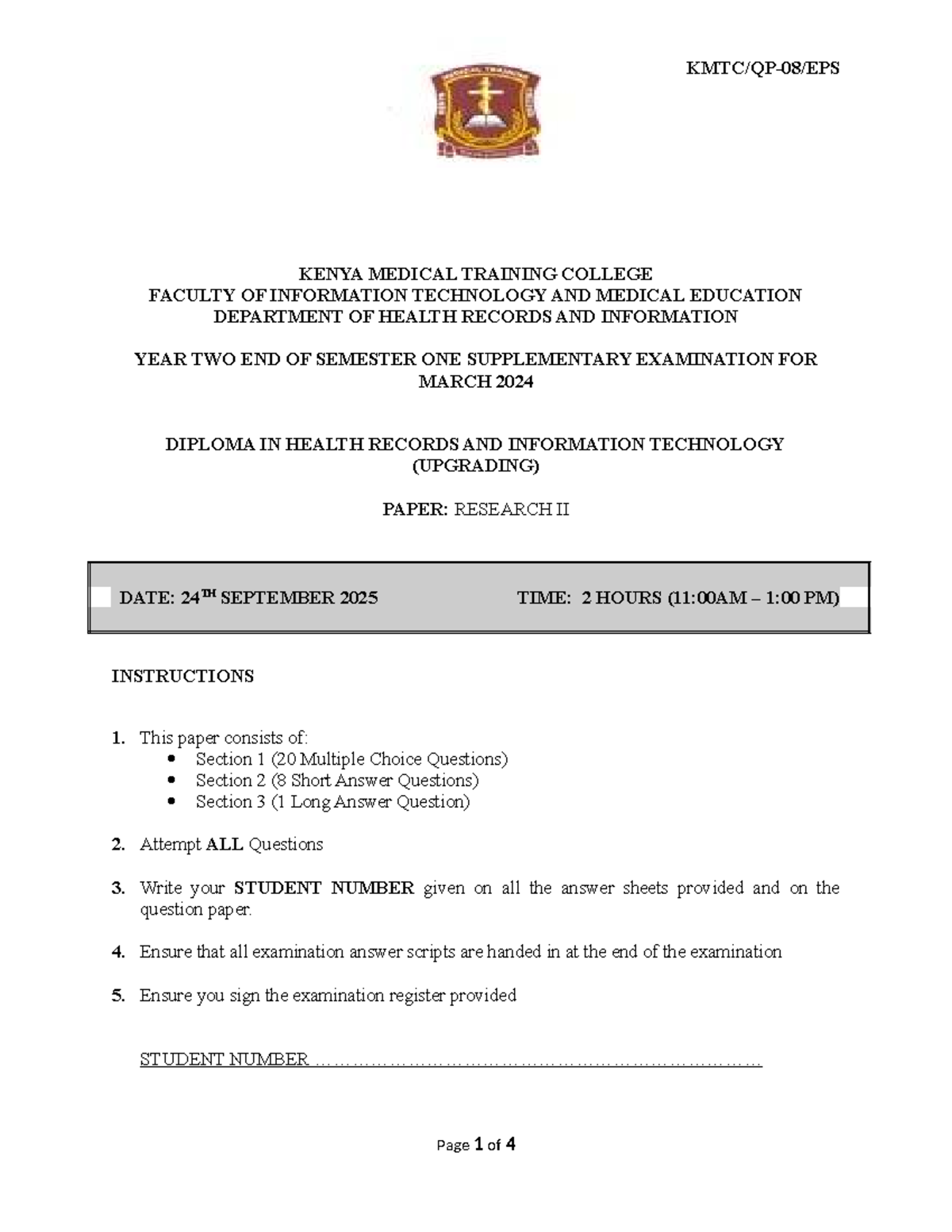 Research II Exam - KEM 2024: Supplementary Paper for Diploma in Health ...