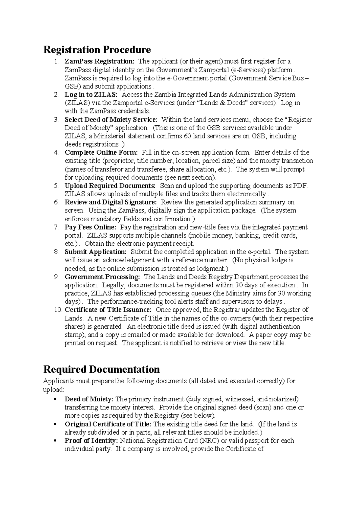 ZILAS Registration Procedure for Deed of Moiety - Law Guide - Studocu