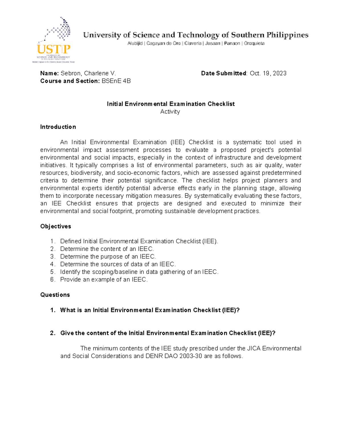 BSEnE 4B - Initial Environmental Examination Checklist Overview - Studocu