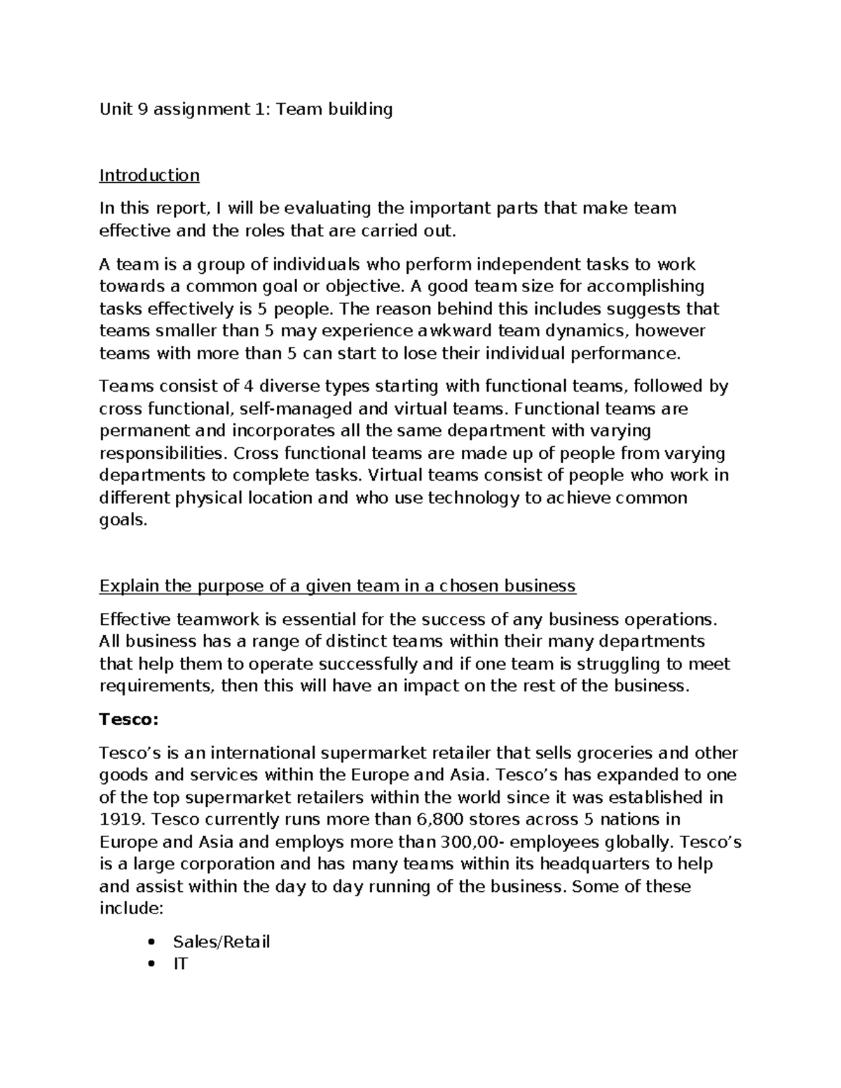 Unit 9 Assignment 1: Team Building Dynamics and Roles Analysis - Studocu