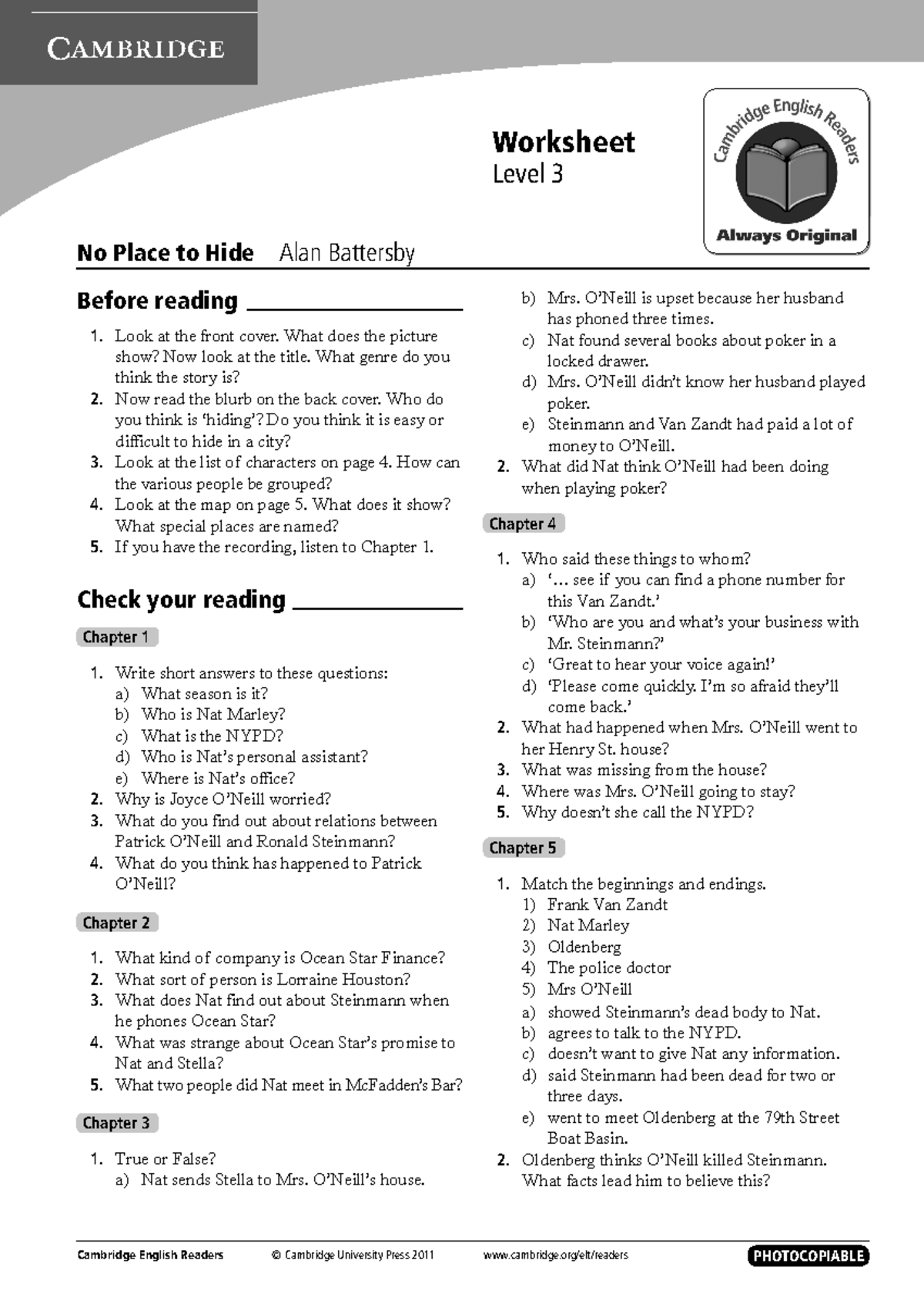 Activities for "No Place to Hide" (Level 3) - Alan Battersby - Studocu