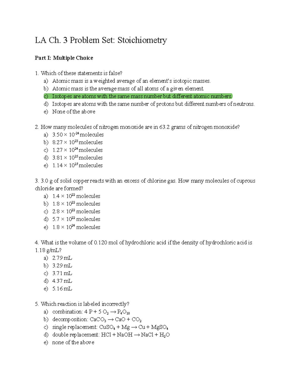 2A Ch. 3 - Stoichiometry Problem Set and Questions - Studocu