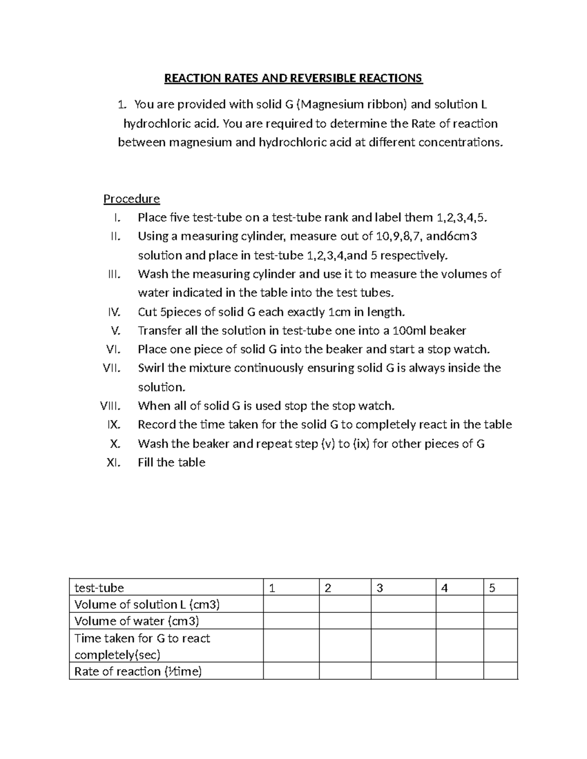 Reaction Rates and Reversible Reactions: Experiment with Mg and HCl ...