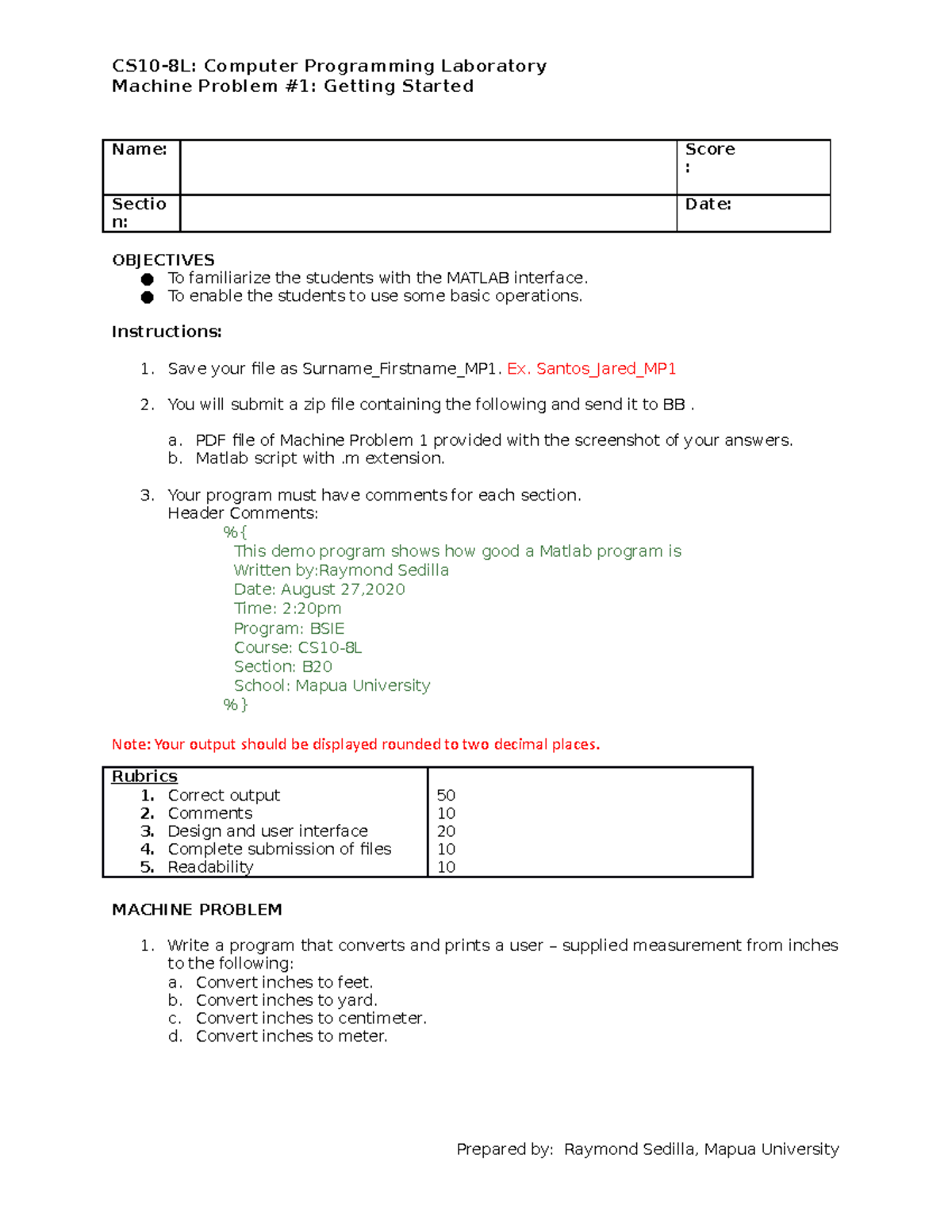 Machine Problem 1 - programming - CS10-8L: Computer Programming Laboratory Machine Problem #1 ...