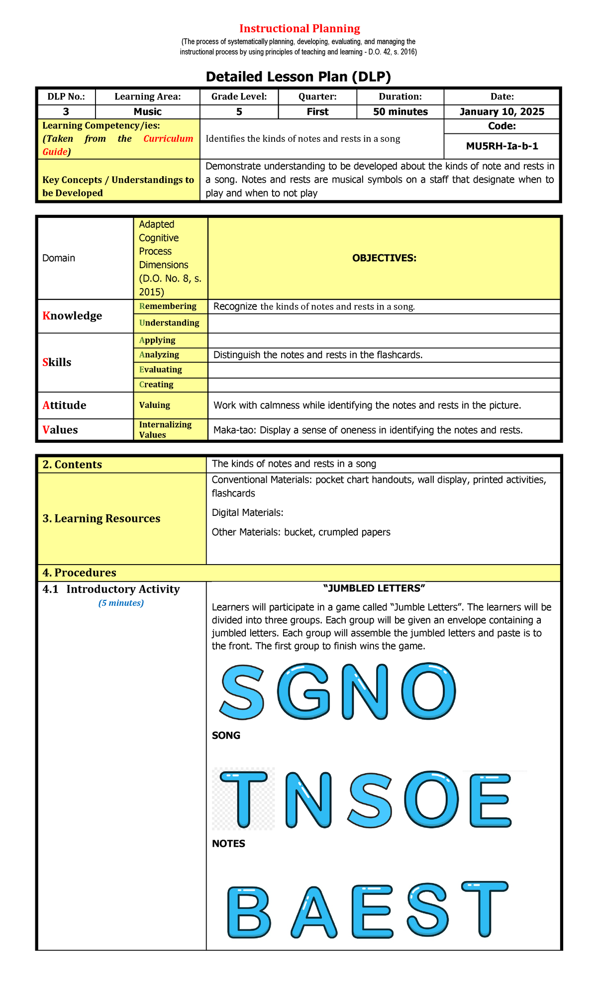 Detailed Lesson Plan (DLP) on Music Notes & Rests - BEED 2A - Studocu
