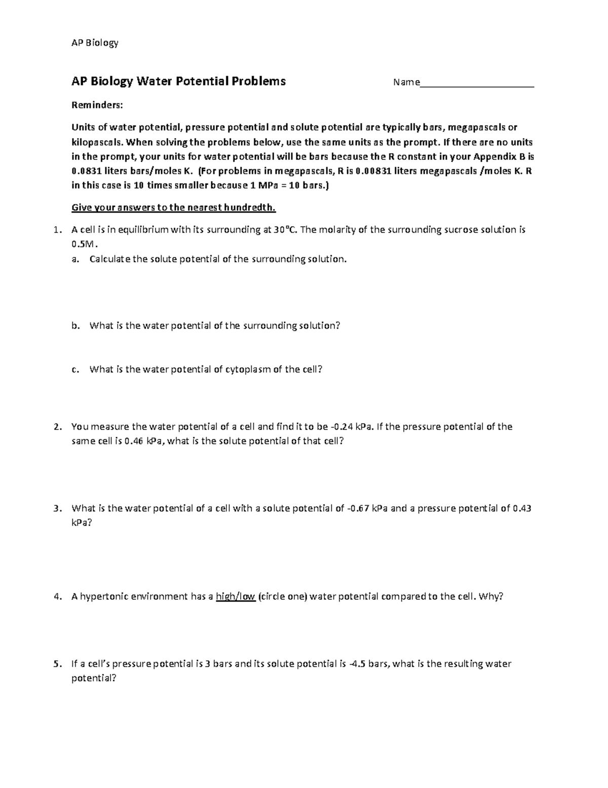 AP Biology Water Potential Problems & Solutions - Studocu