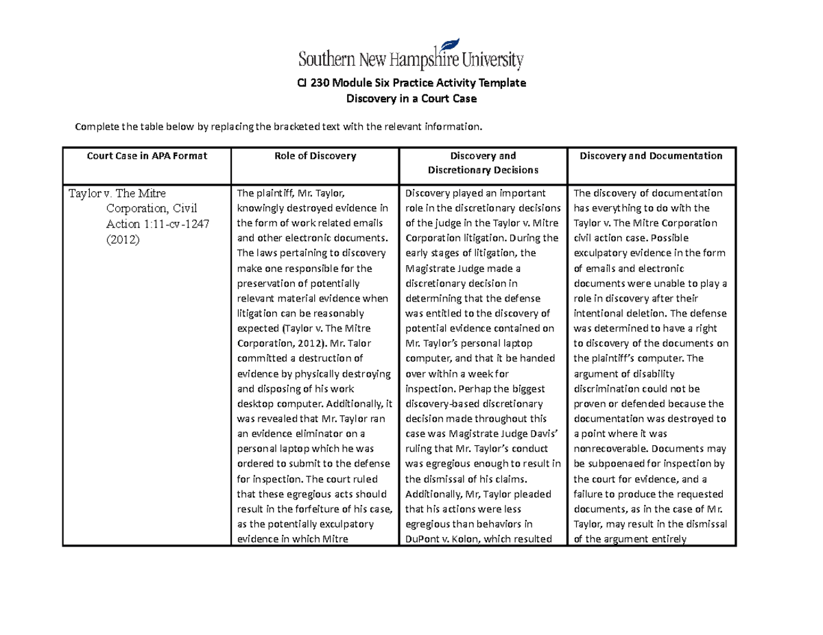 CJ 230 Module Six Practice Activity - Court Case in APA Format Role of ...