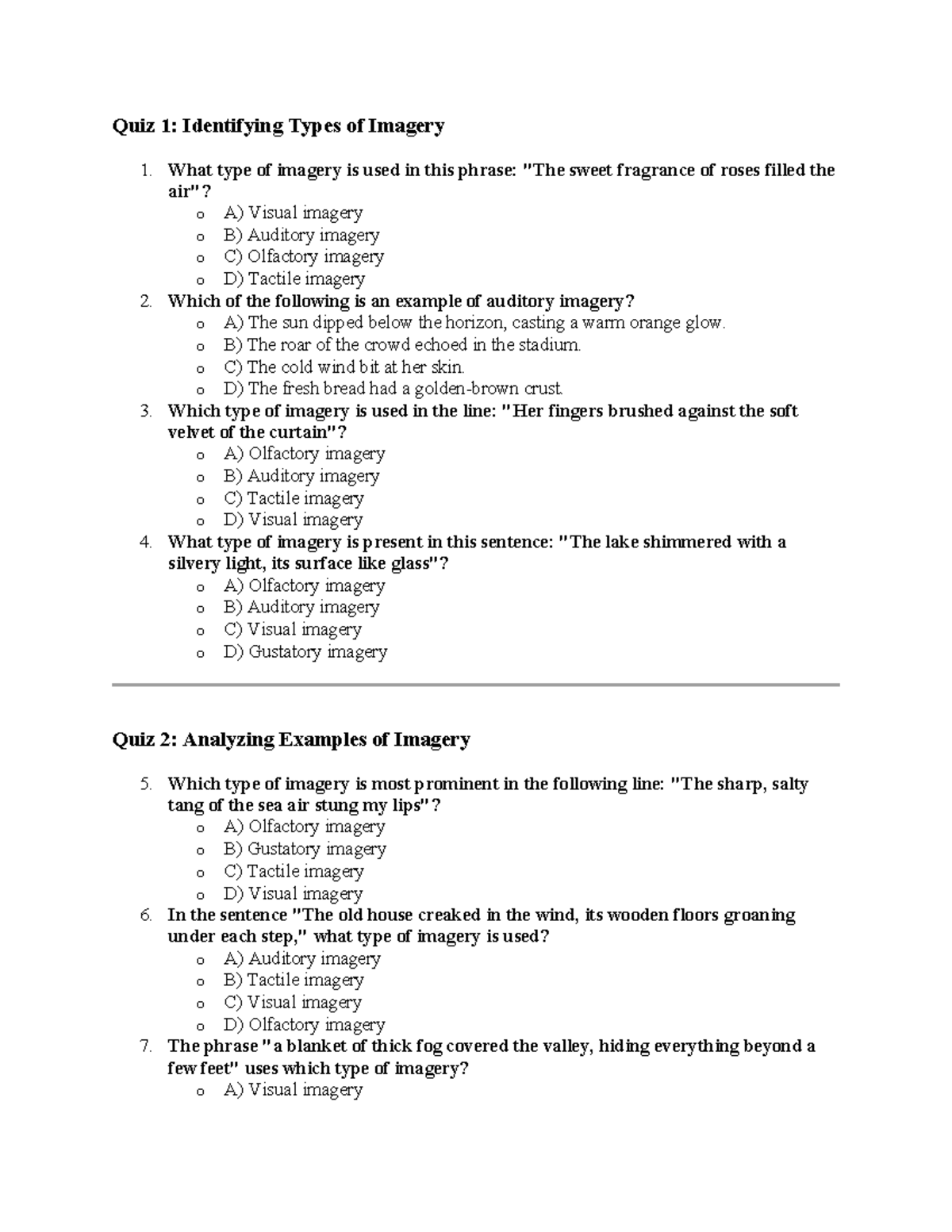 Quiz 1 & 2: Identifying and Analyzing Types of Imagery - Studocu