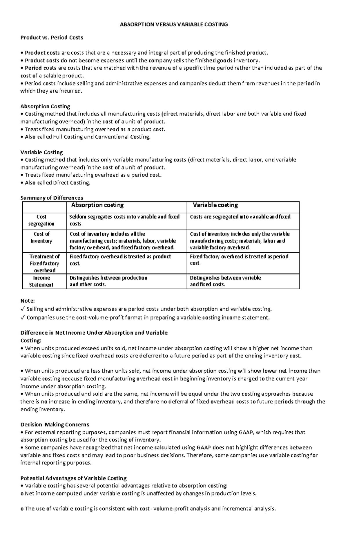 Absorption vs. Variable Costing: Key Concepts and Differences - Studocu