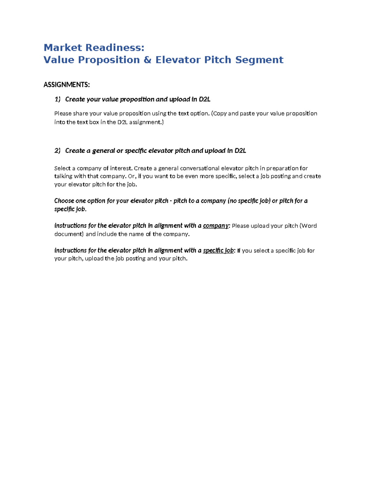 MKT 101: Value Proposition & Elevator Pitch Assignment Instructions ...