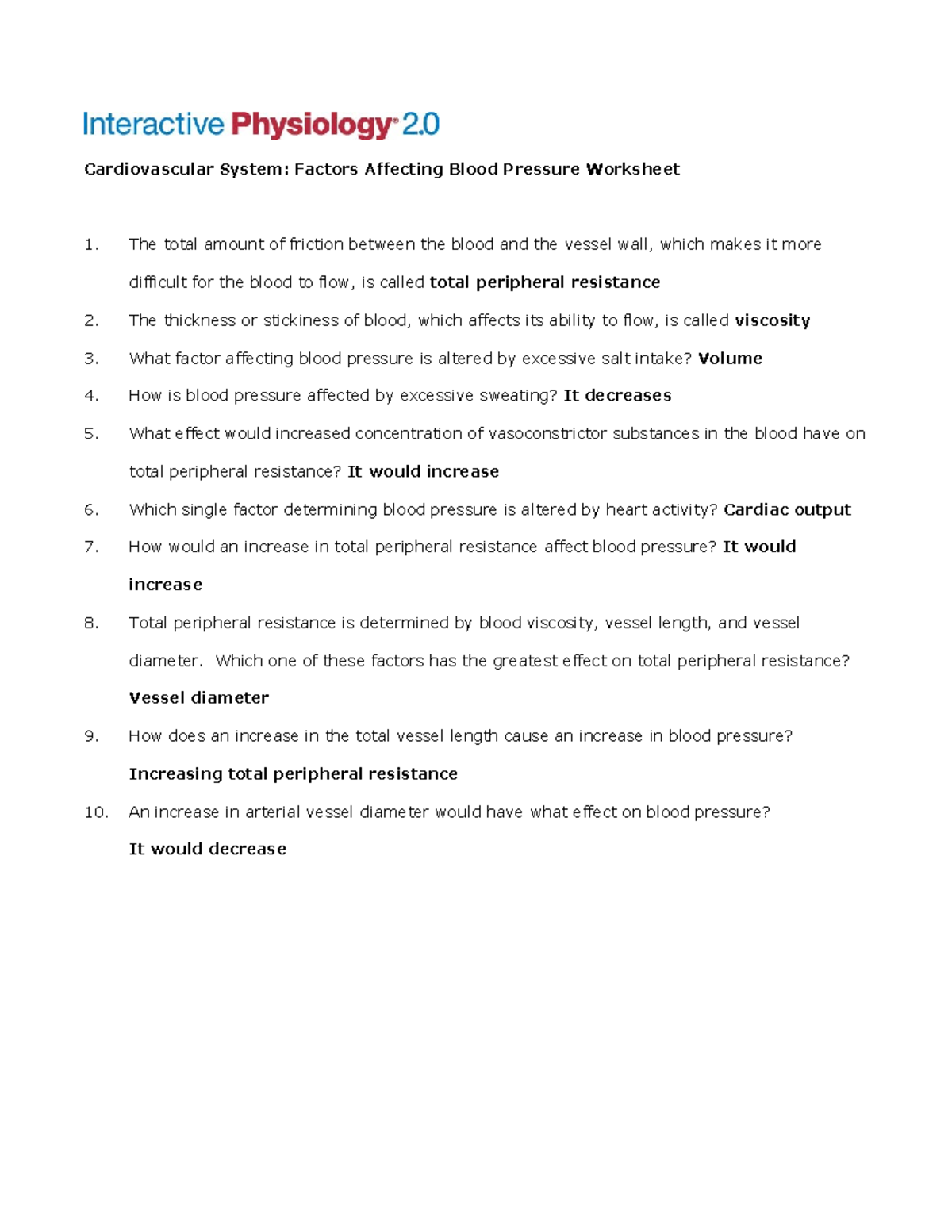 Cardiovascular IP2 Factors Affecting Blood Pressure Worksheet ...
