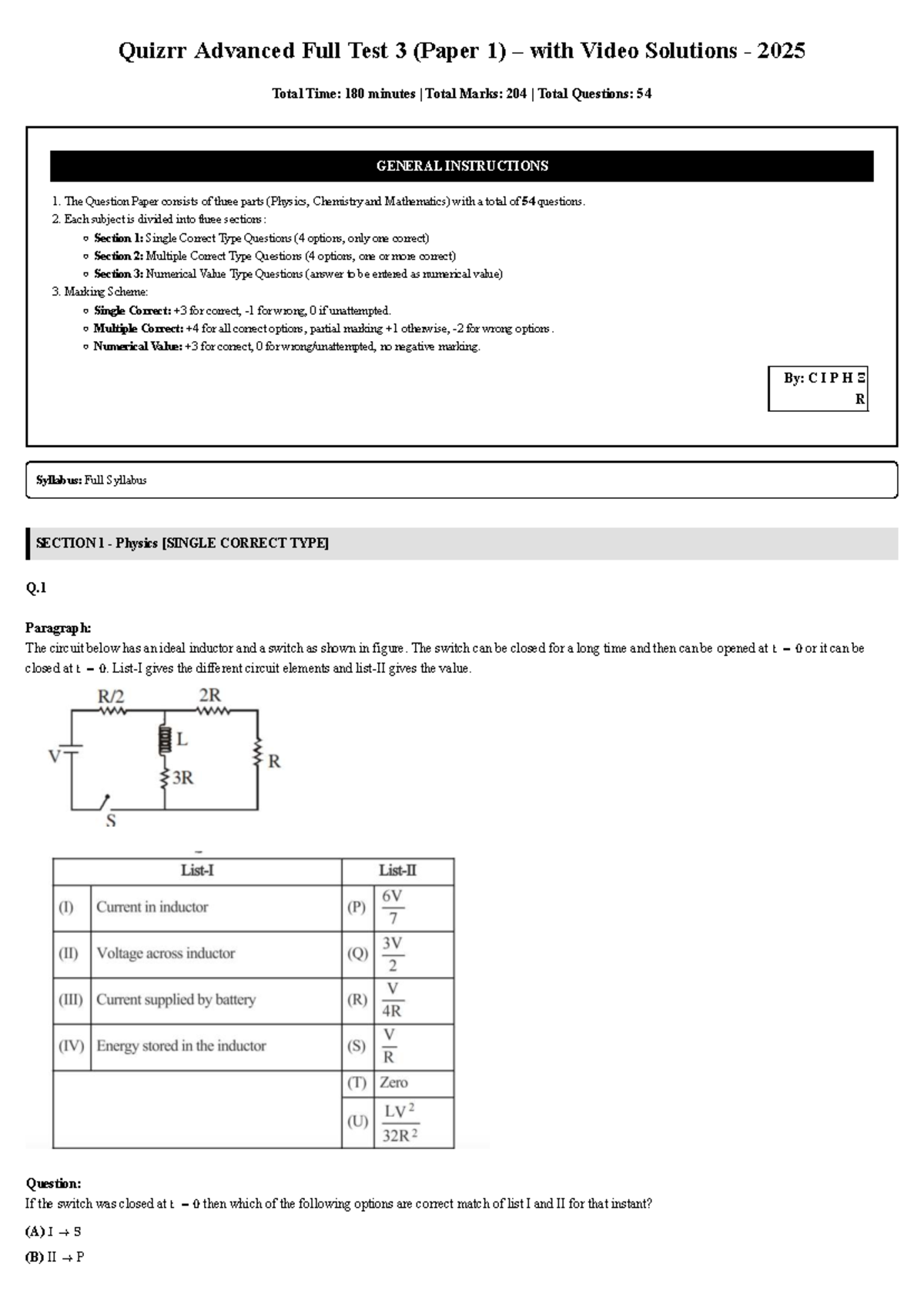 Quizrr Advanced Full Test 3 (Paper 1) with Video Solutions 2025 - Studocu