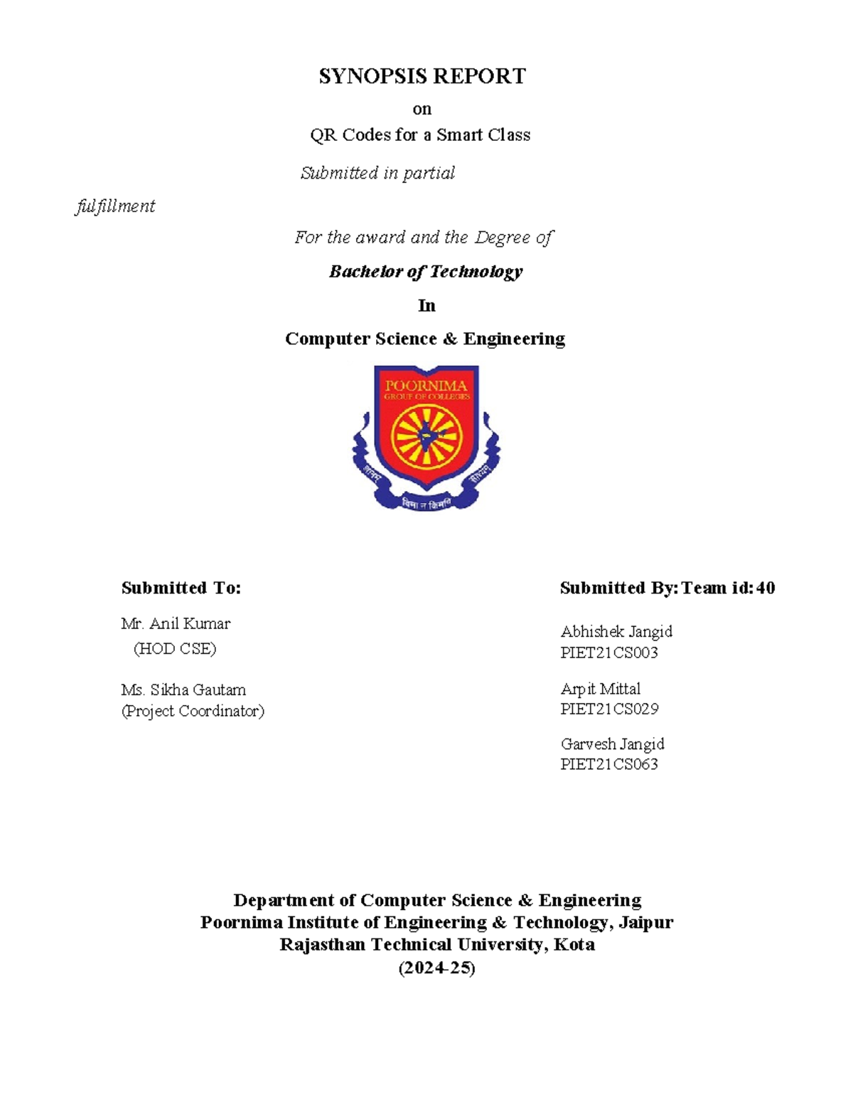 Synopsis Report - 063 - qr code project system - SYNOPSIS REPORT on QR ...