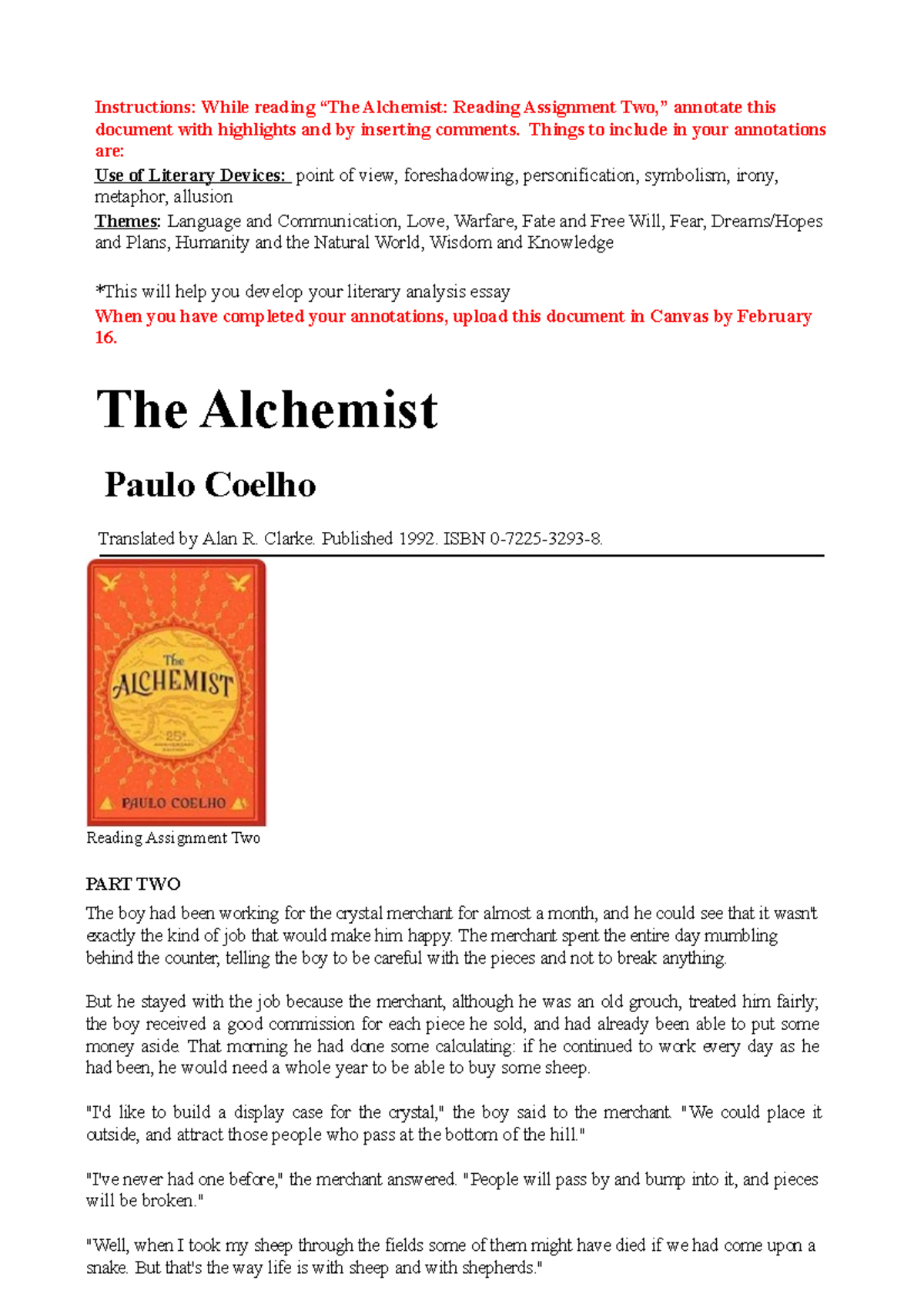 The Alchemist Reading Assignment Two - Instructions: While reading “The ...