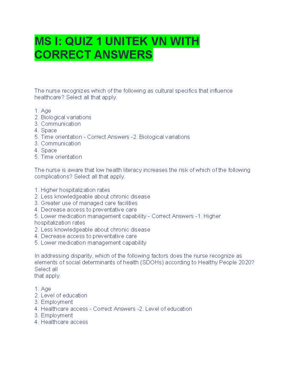 MS I: QUIZ 1 Unitek VN - Cultural Competence and Health Disparities ...