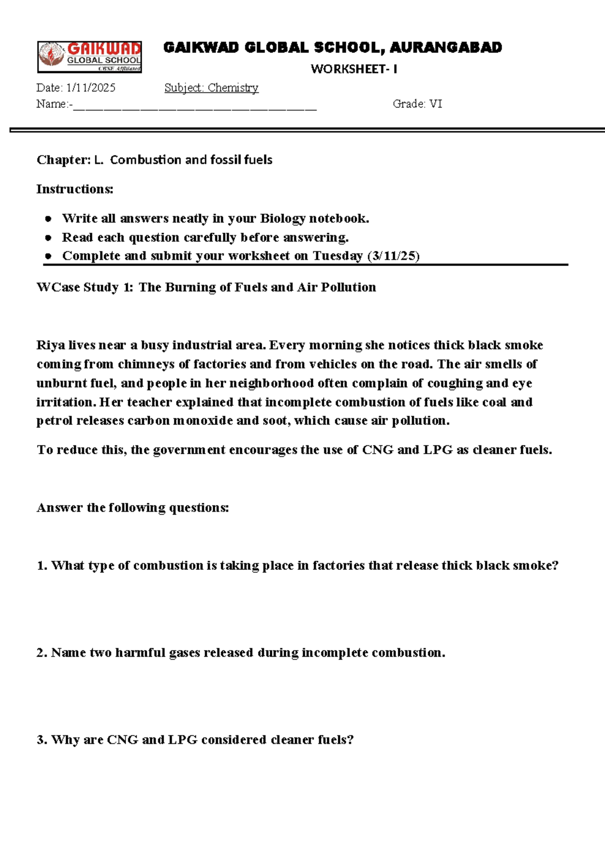 GAIKWAD GLOBAL SCHOOL, AURANGABAD I Chemistry VI Case Study: Combustion ...