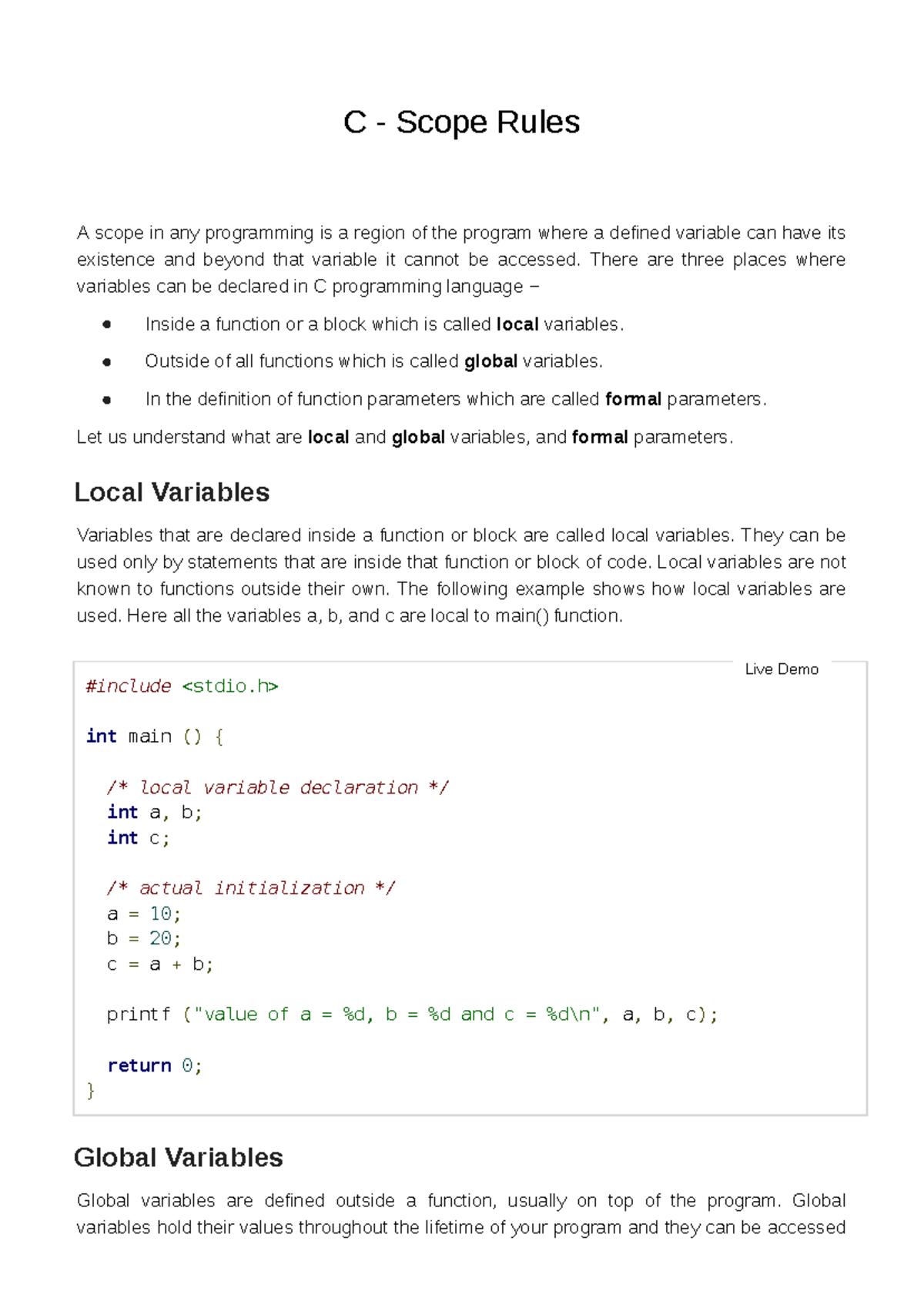 C scope rules - local variable, global variable, formal parameters - C ...