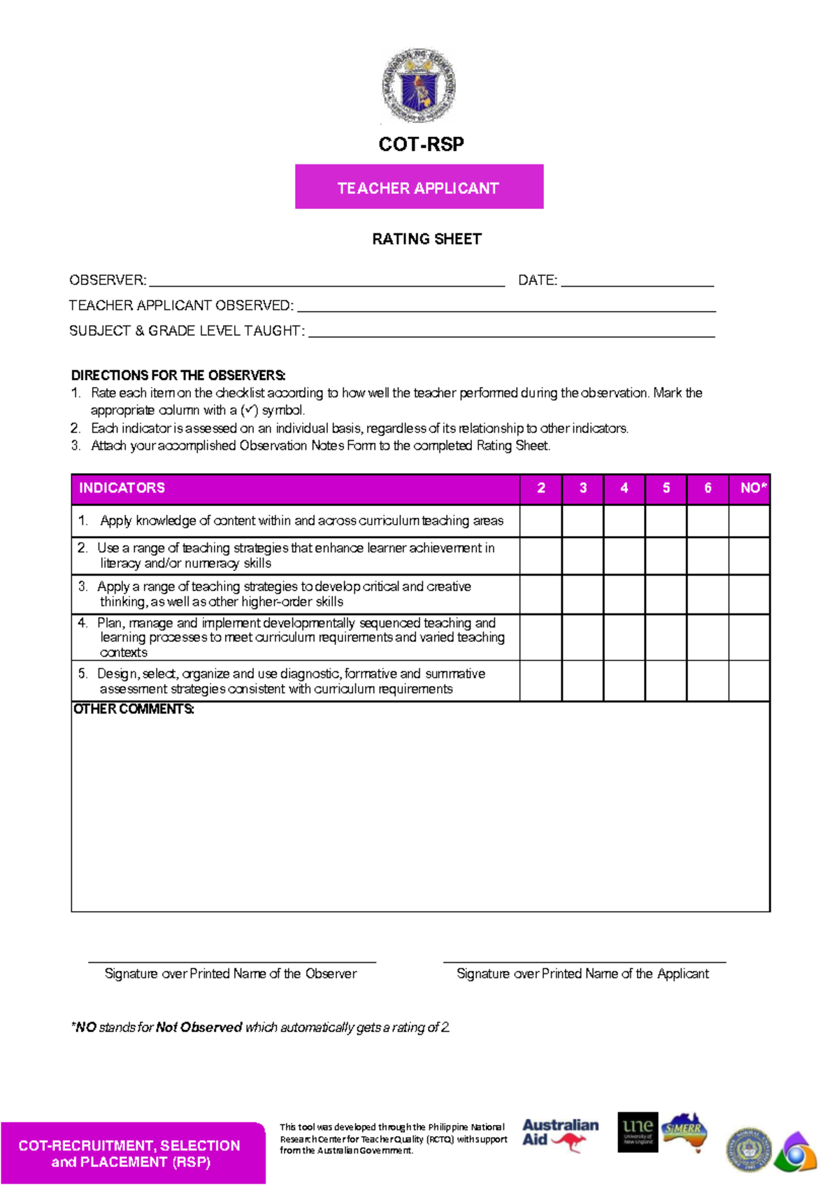 RSP Teacher Applicant Observation Rating Sheet and Guidelines - Studocu