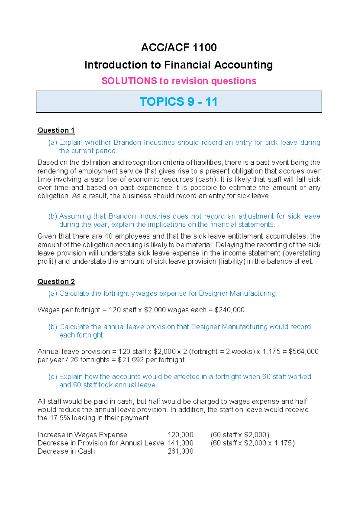 ACC/ACF 1100 Solutions for Revision Questions Topics 9-11 - Studocu