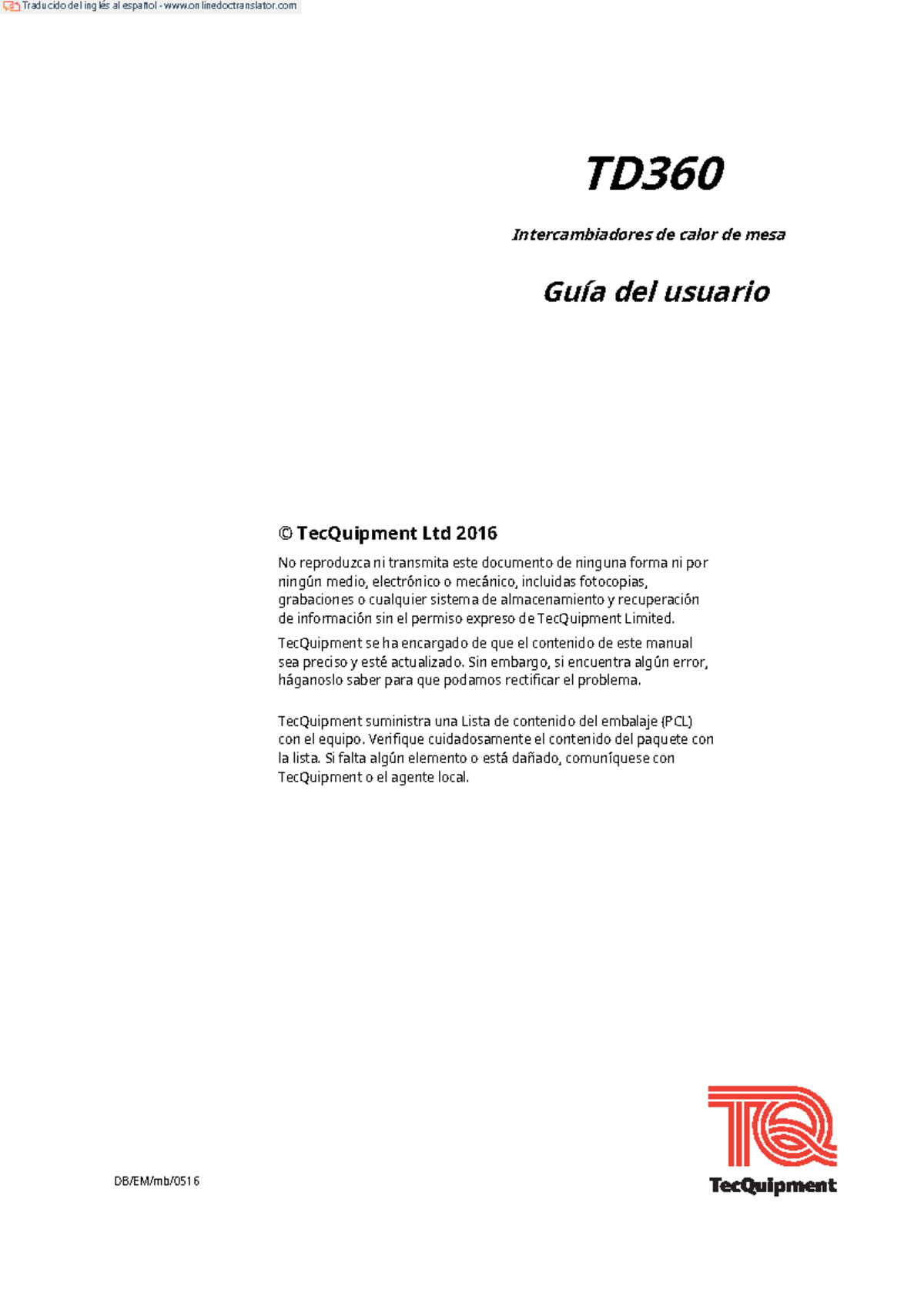 TD360 TQ Guía del Usuario: Intercambiadores de Calor de Mesa - Studocu