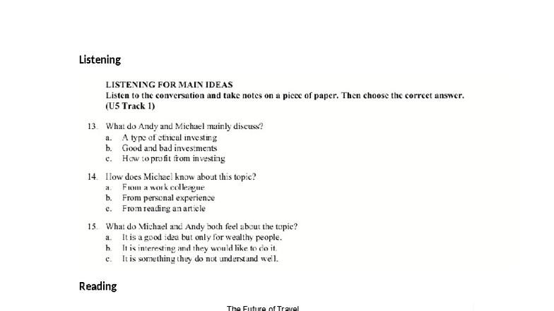 Listening for Main Ideas: Future of Travel (U5 Track 1) - Studocu