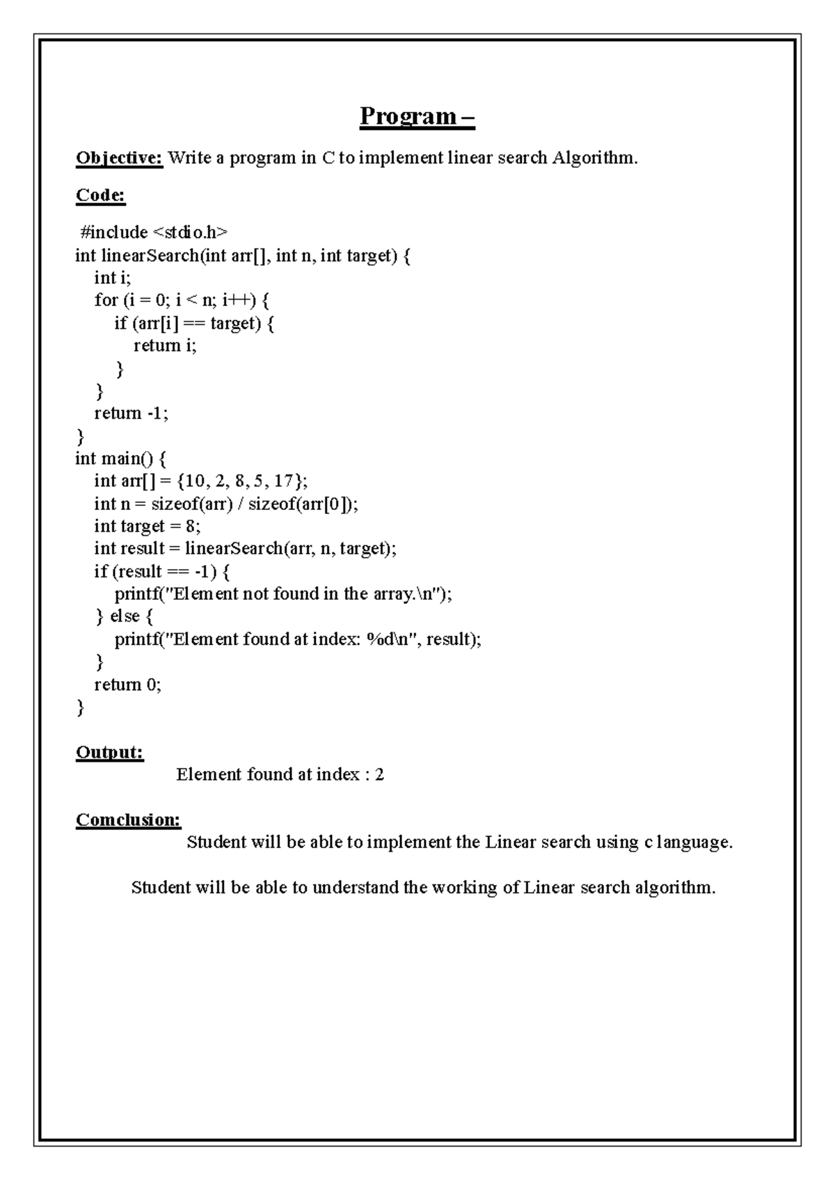 DAA - Practical File: C Programs for Search & Sort Algorithms - Studocu