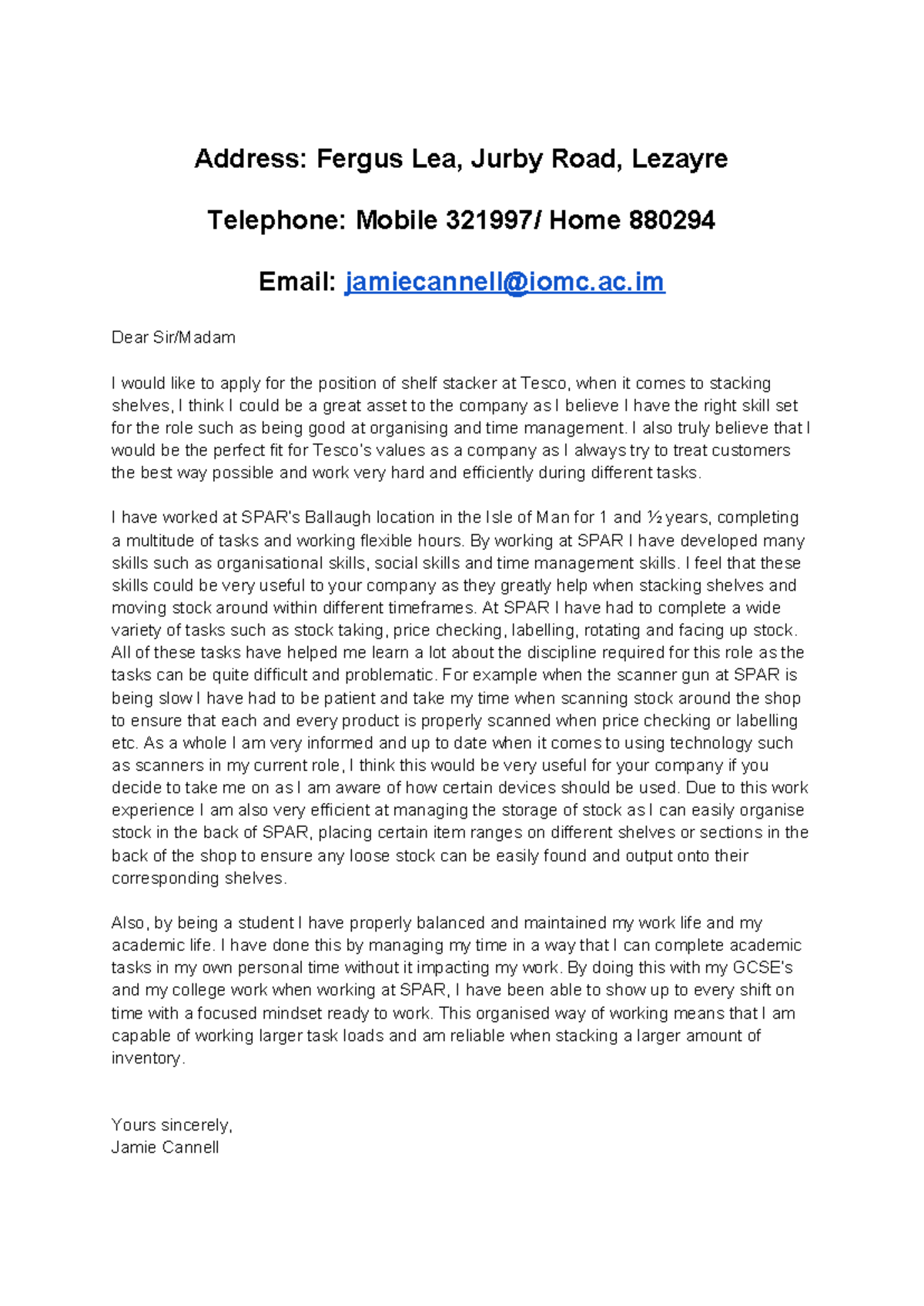 Cover Letter for Shelf Stacker Position at Tesco - Jamie Cannell - Studocu