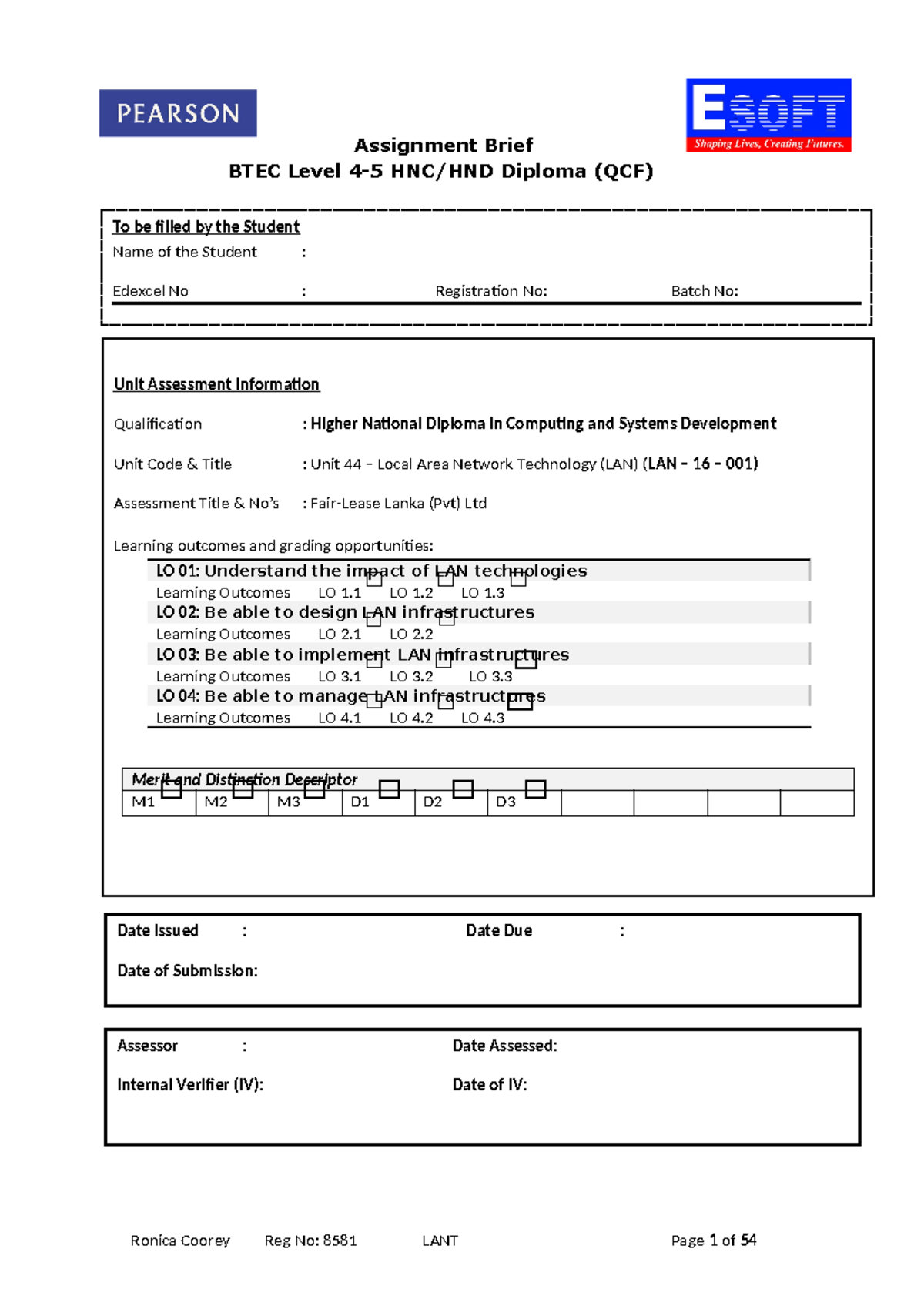 LANT 2 - gggsdgsdgsdgs - Assignment Brief BTEC Level 4-5 HNC/HND Diploma (QCF) To be filled by ...
