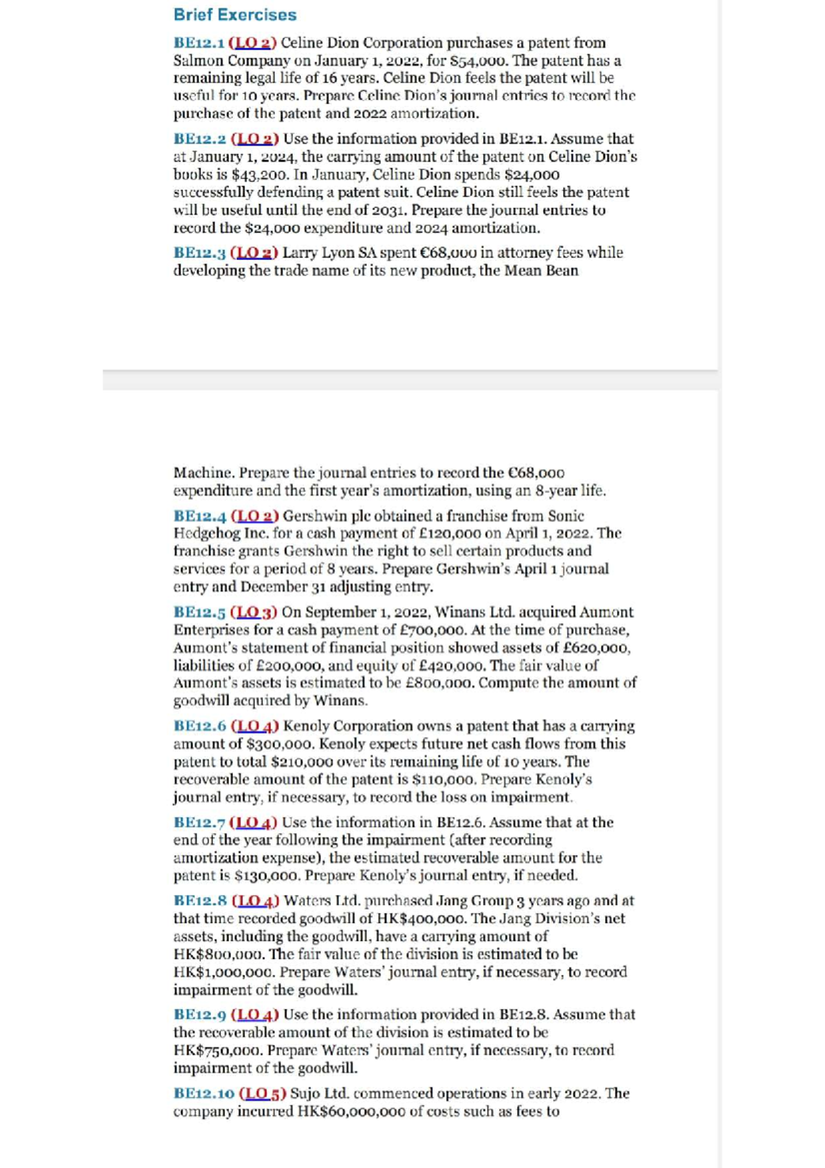 Intangible Assets Accounting Exercises BE12: Journal Entries ...