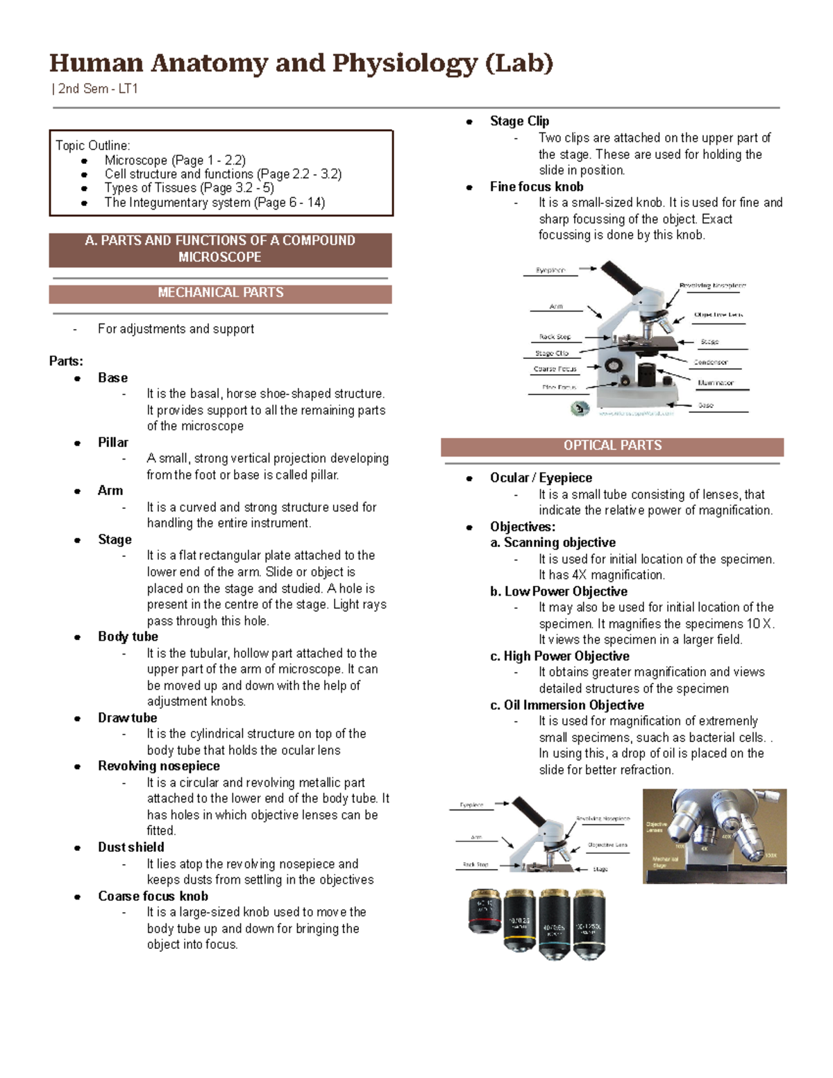 Anaphy LAB Midterm Exam: Microscope & Cell Structure Overview - Studocu