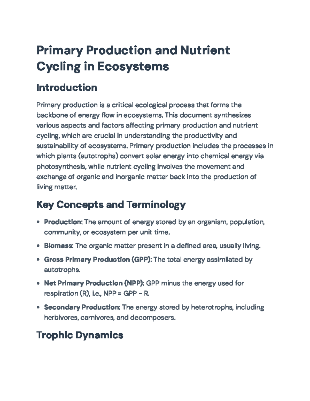 Primary Production & Nutrient Cycling in Ecosystems: A Comprehensive ...