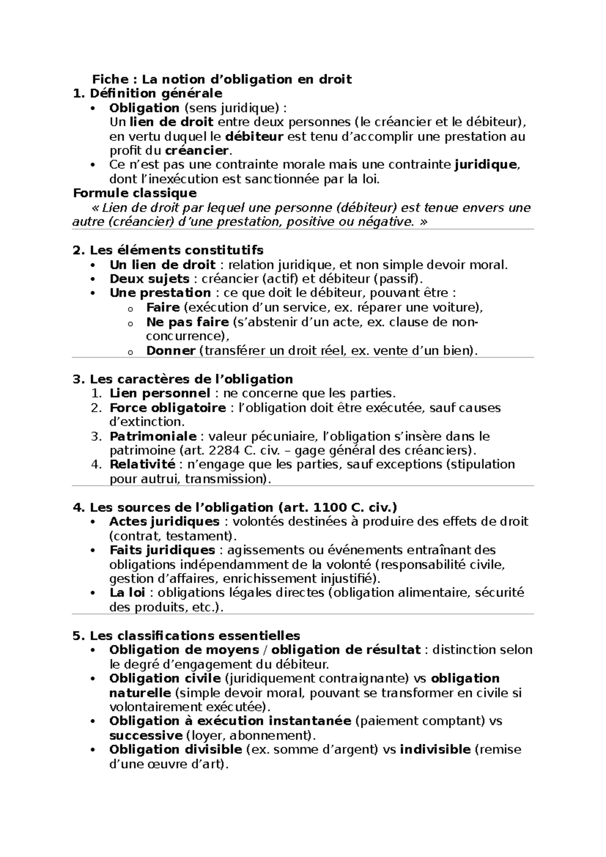 Fiche : Notion d'Obligation en Droit - Définition et Caractéristiques ...