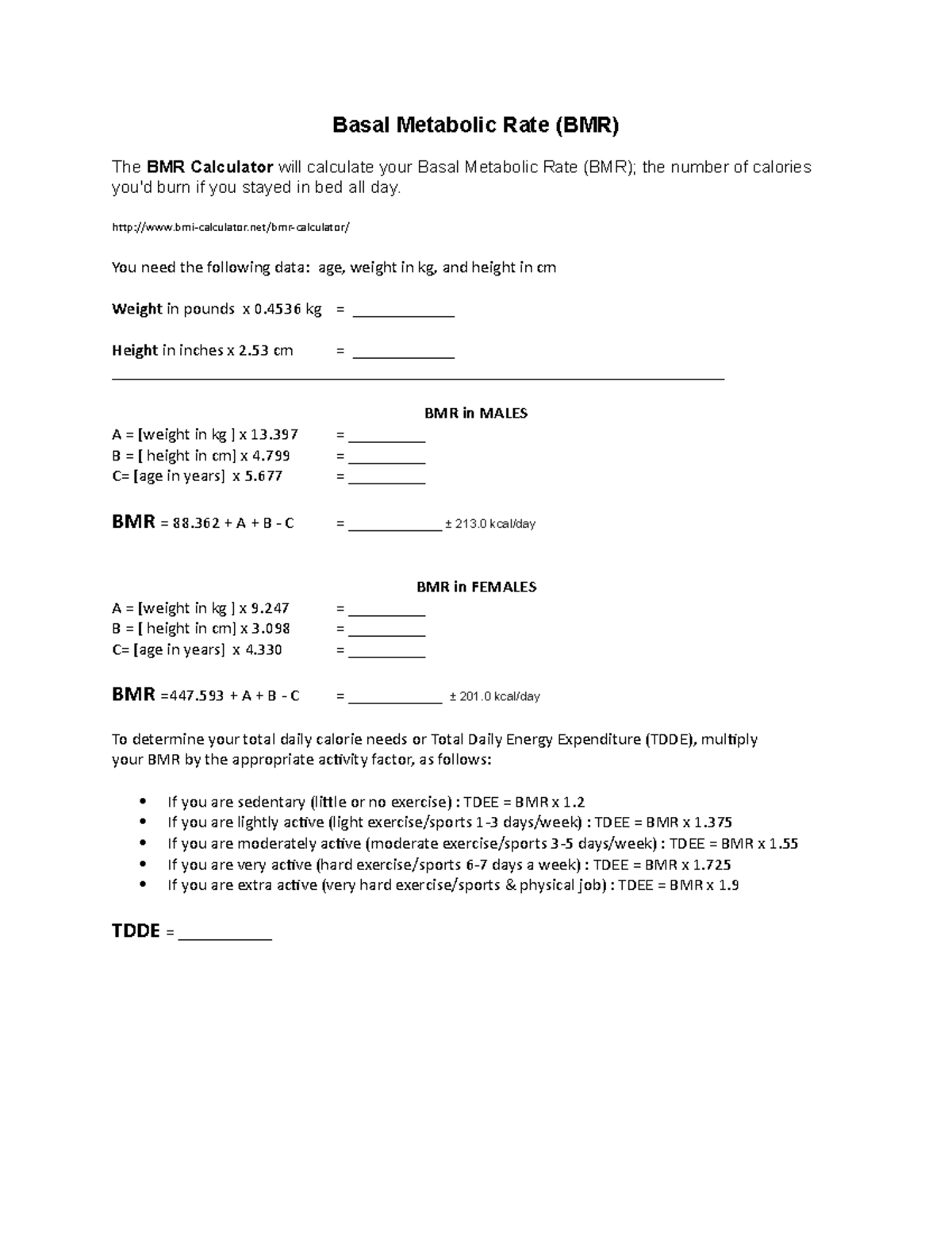 Basal Metabolic Rate Worksheet - Basal Metabolic Rate (BMR) The BMR ...