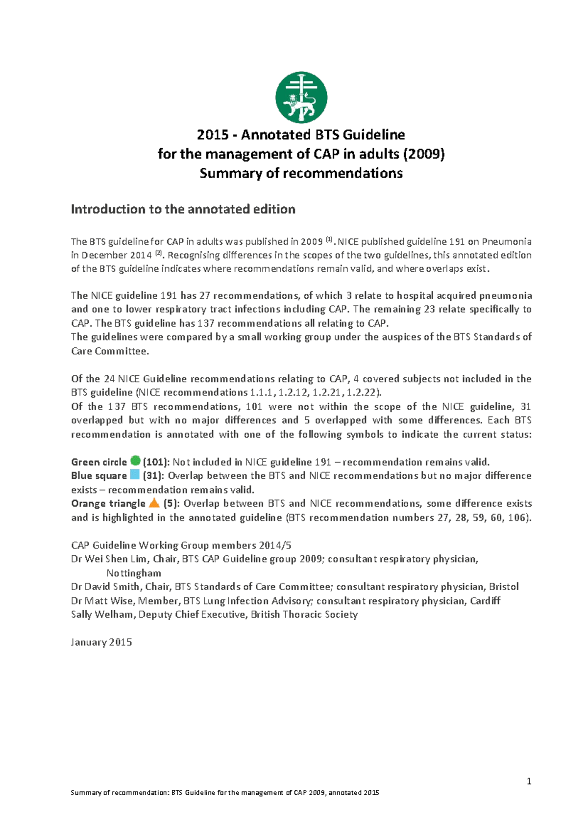 Annotated BTS CAP Guideline 2009: Summary of Recommendations (2015 ...