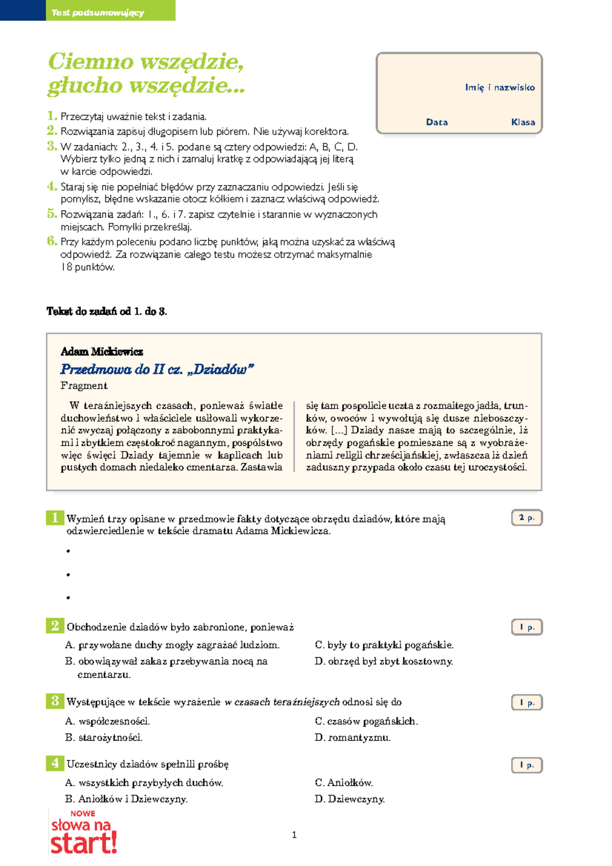 Dziady cz. II - Test Podsumowujący i Zadania Egzaminacyjne - Studocu