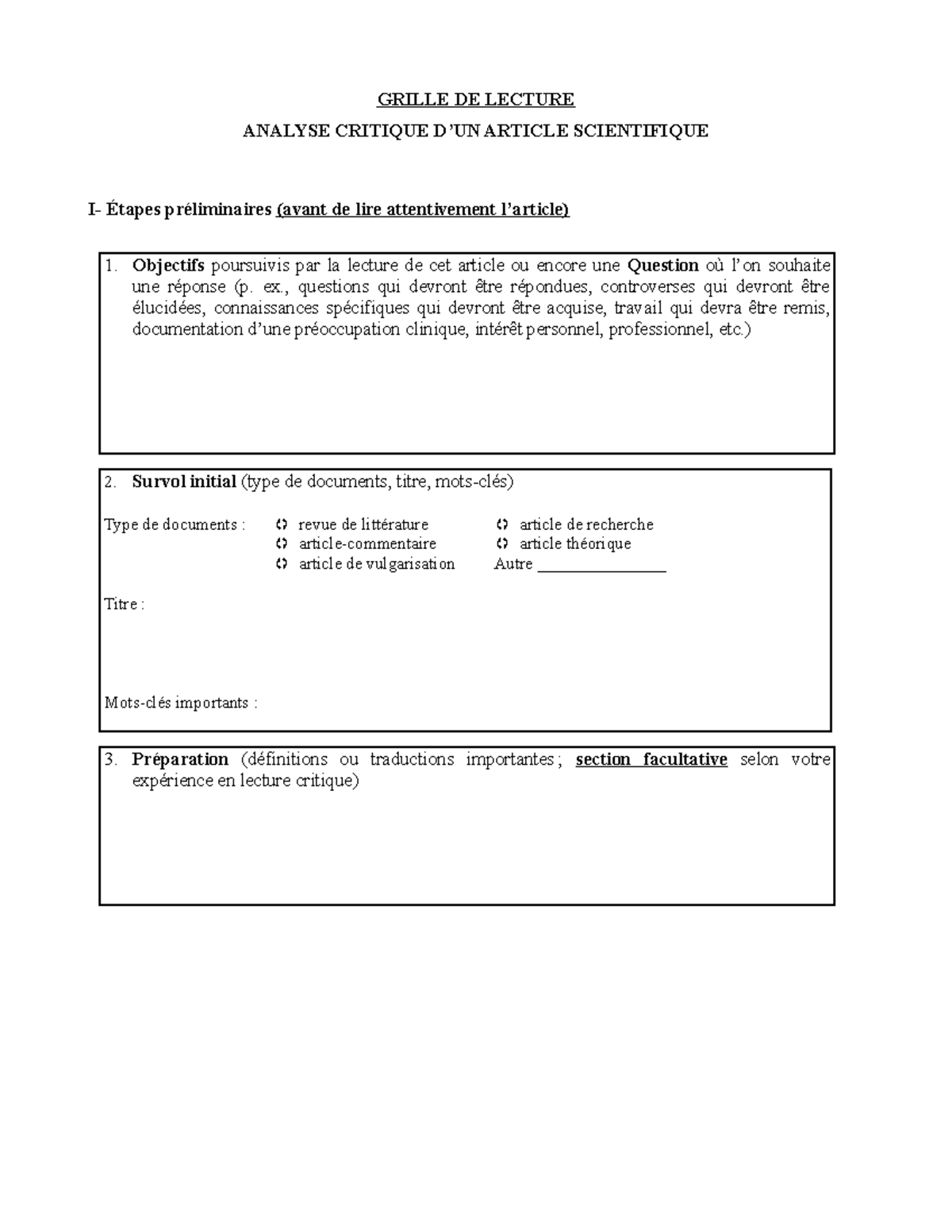 Grille de Lecture pour Analyse Critique d'Article Scientifique - Studocu
