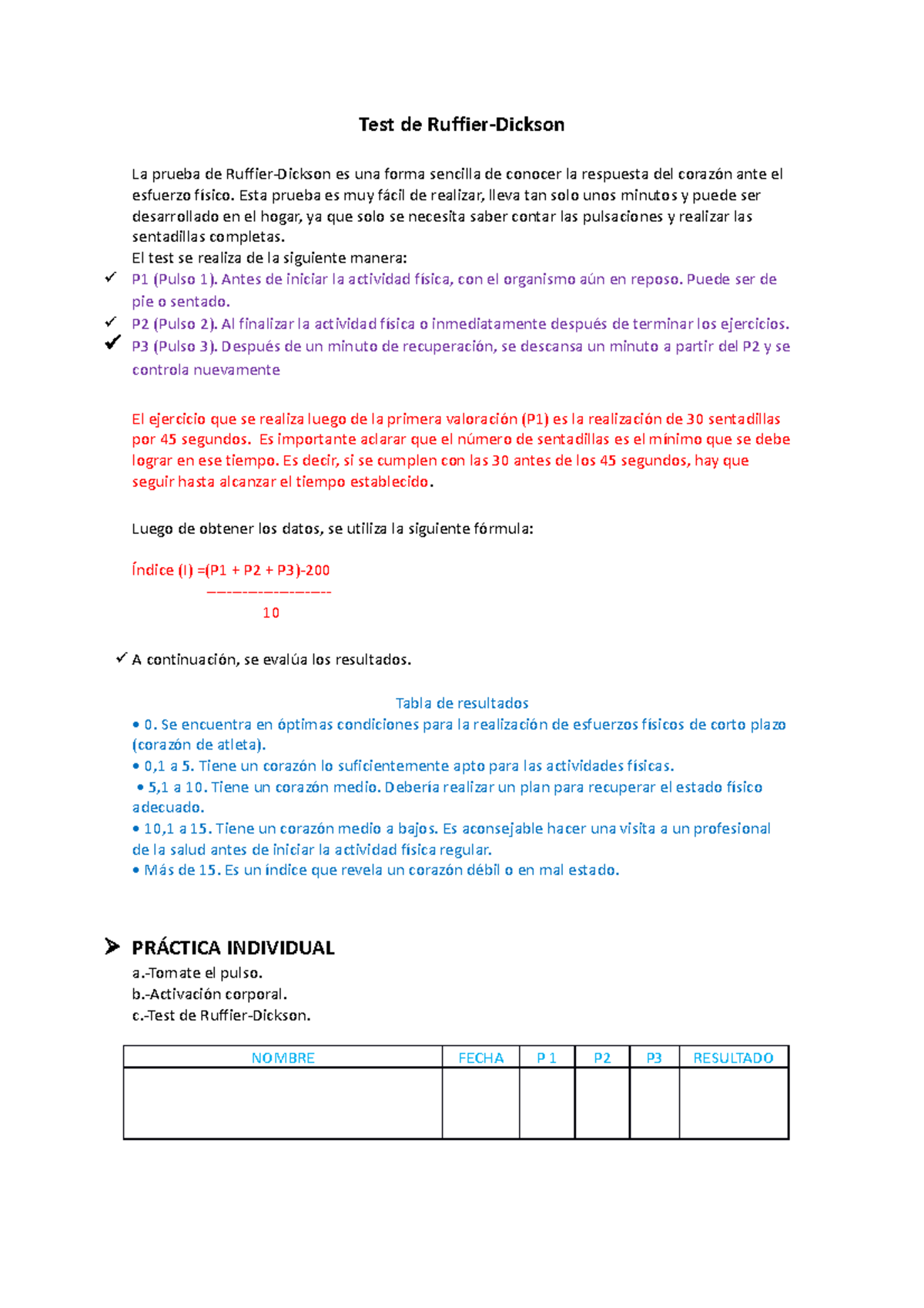 Test de Ruffier-Dickson 2022: Evaluación de la Respuesta Cardíaca - Studocu