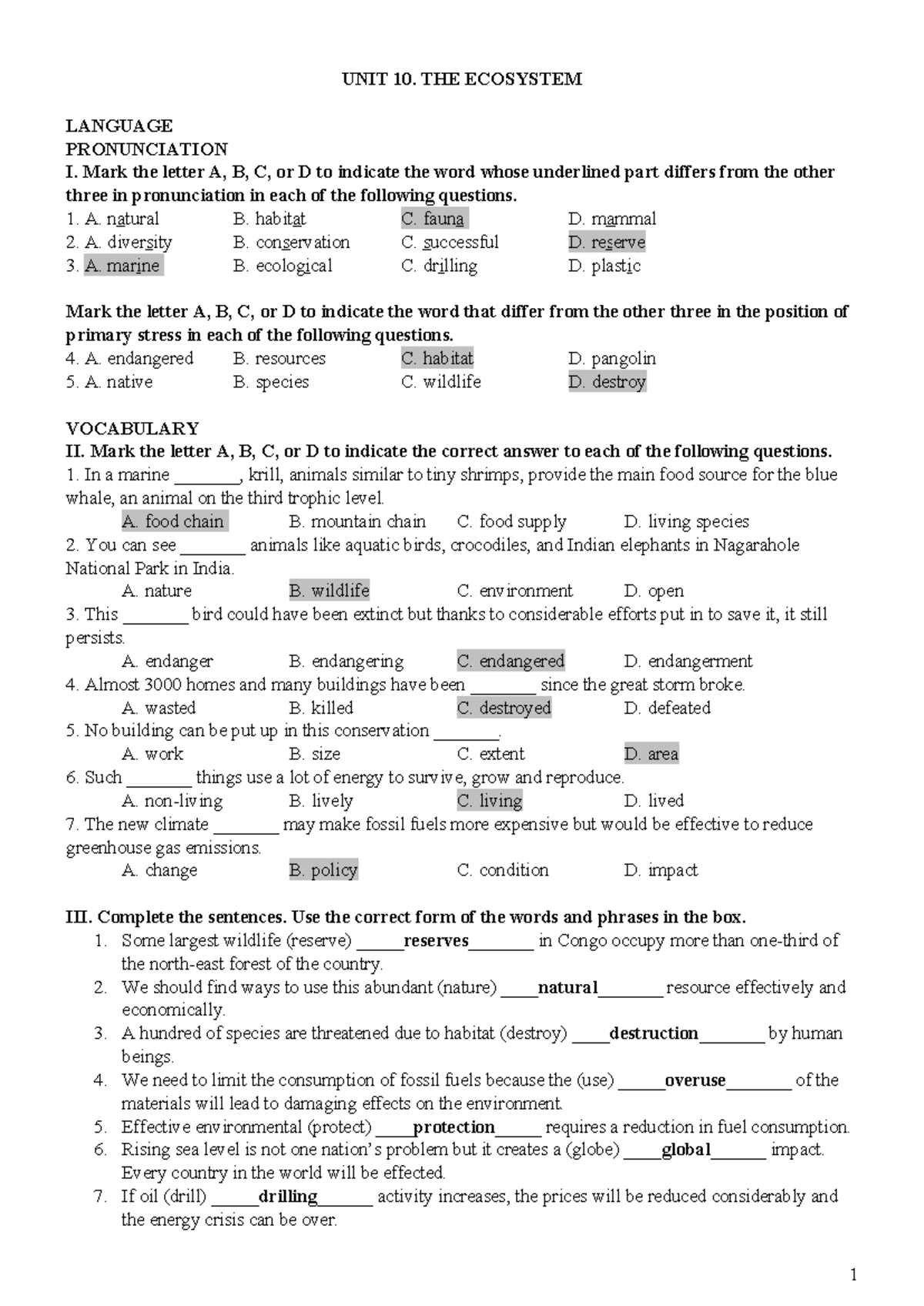 UNIT 10: THE ECOSYSTEM - KEY VOCABULARY & GRAMMAR EXERCISES - Studocu