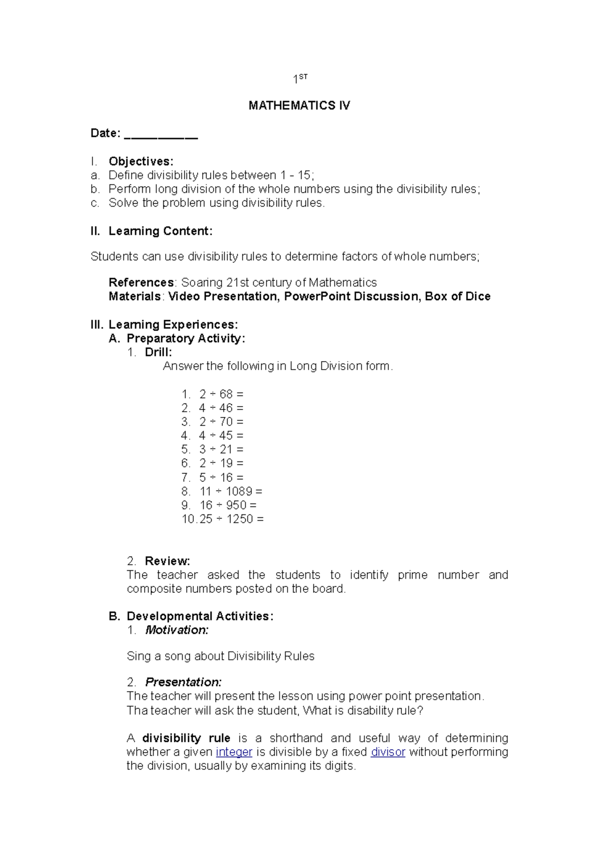 BEED 207 SEMI Lesson PLAN Divisibility - 1 ST MATHEMATICS IV Date ...