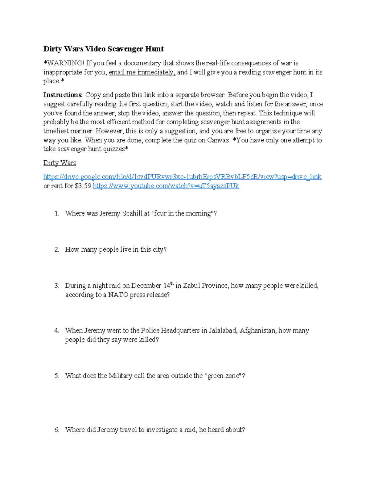 Dirty Wars Video Scavenger Hunt Instructions and Questions - Studocu