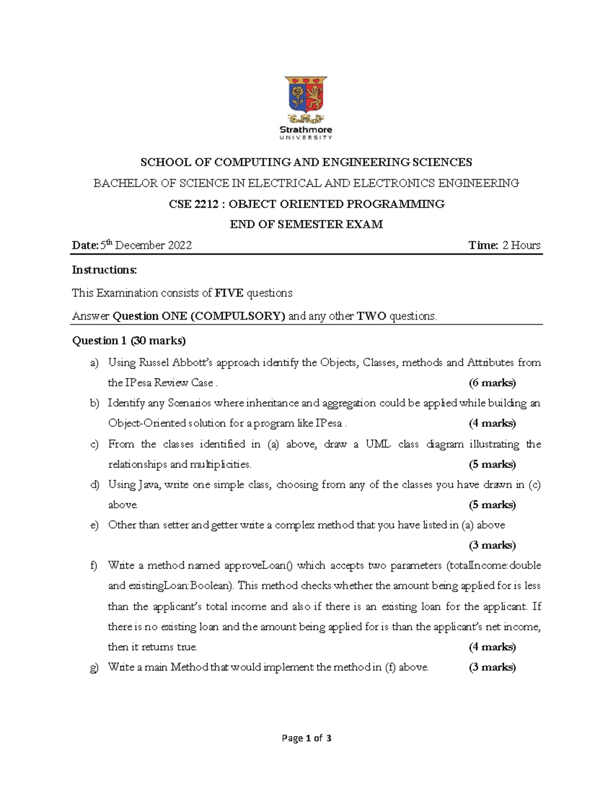 CSE 2212 - Object Oriented Programming End of Semester Exam - Dec 2022 ...
