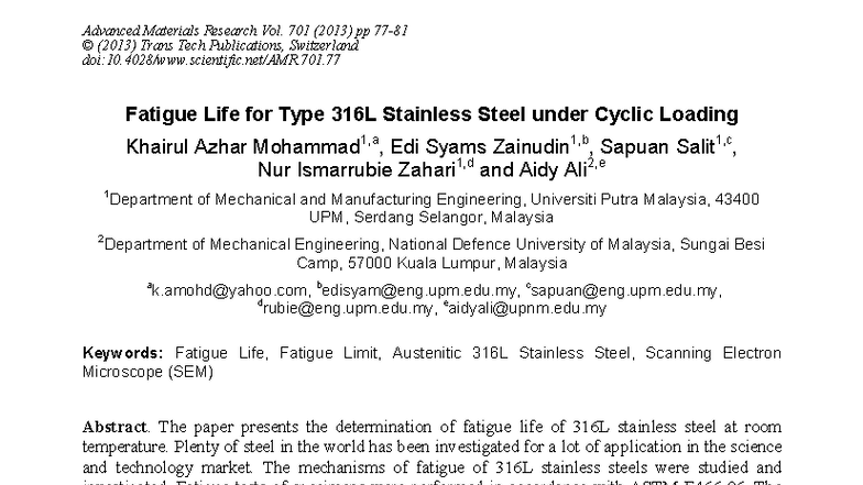Fatigue Life Analysis of 316L Stainless Steel under Cyclic Loading ...