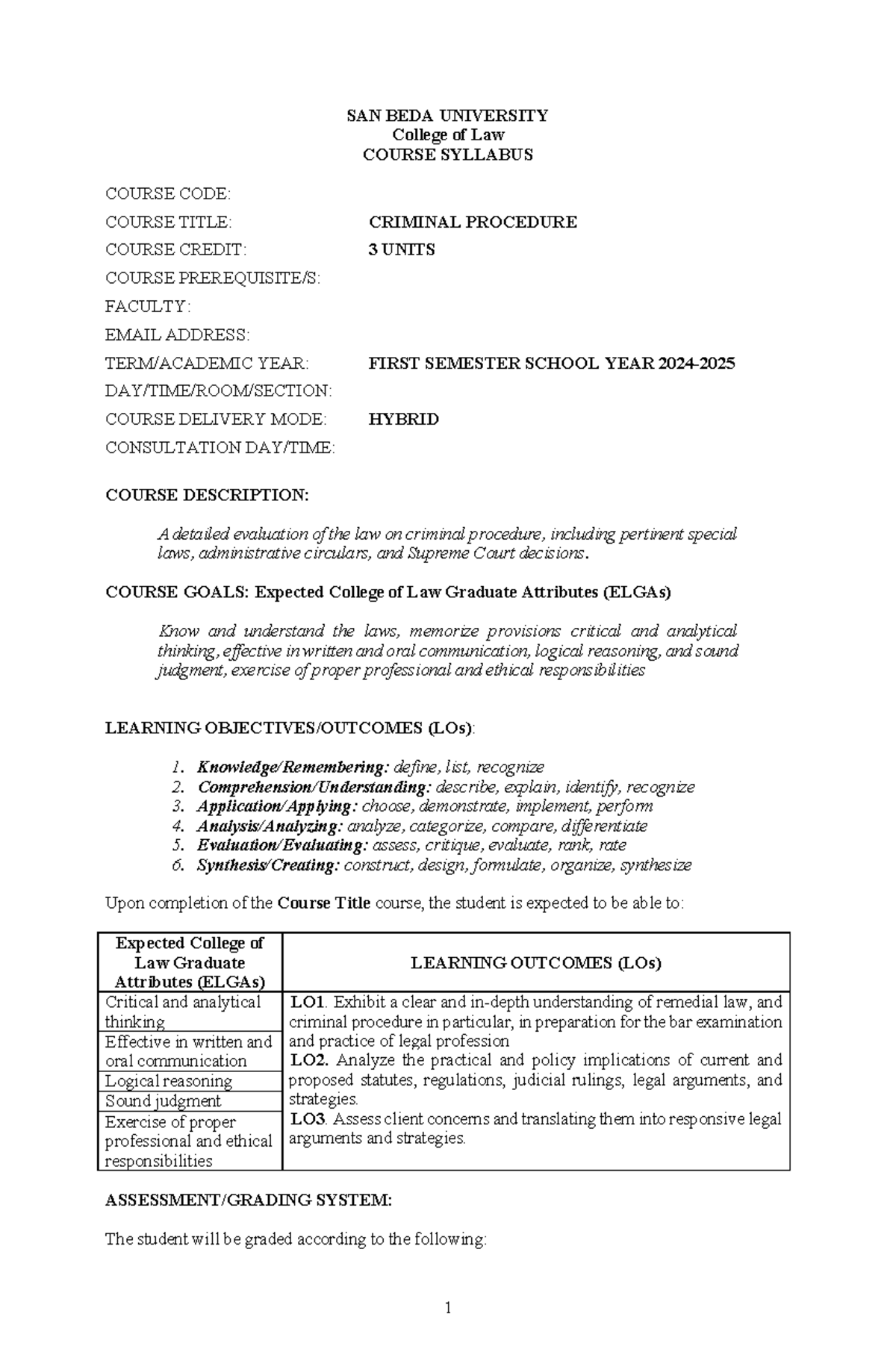 Criminal Procedure Syllabus (Course Code: LAW 101) - 2024-2025 - Studocu