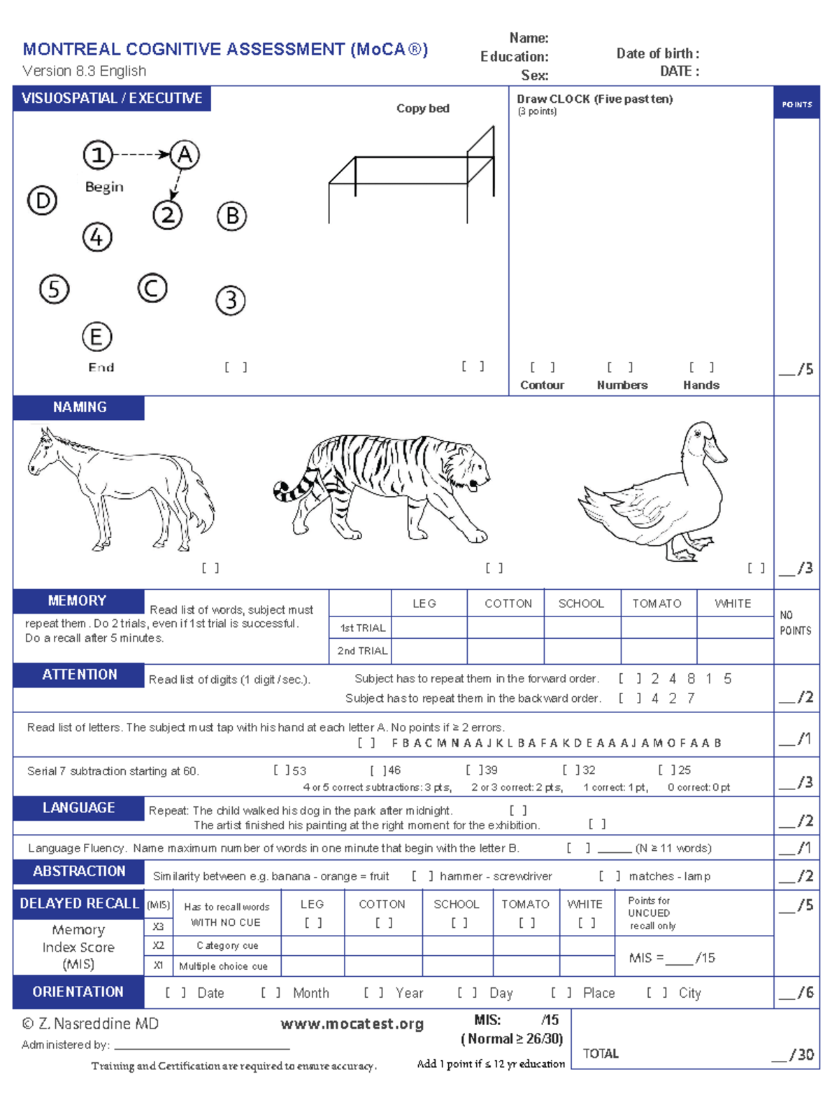 Moca test - standardized test for cognition - POINTS MONTREAL COGNITIVE ...