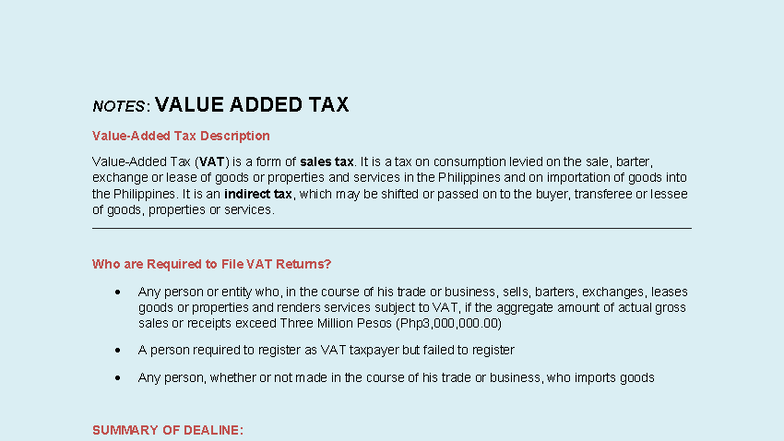 NOTES: VAT Overview and Filing Guidelines for BIR Form 2550M/2550Q ...